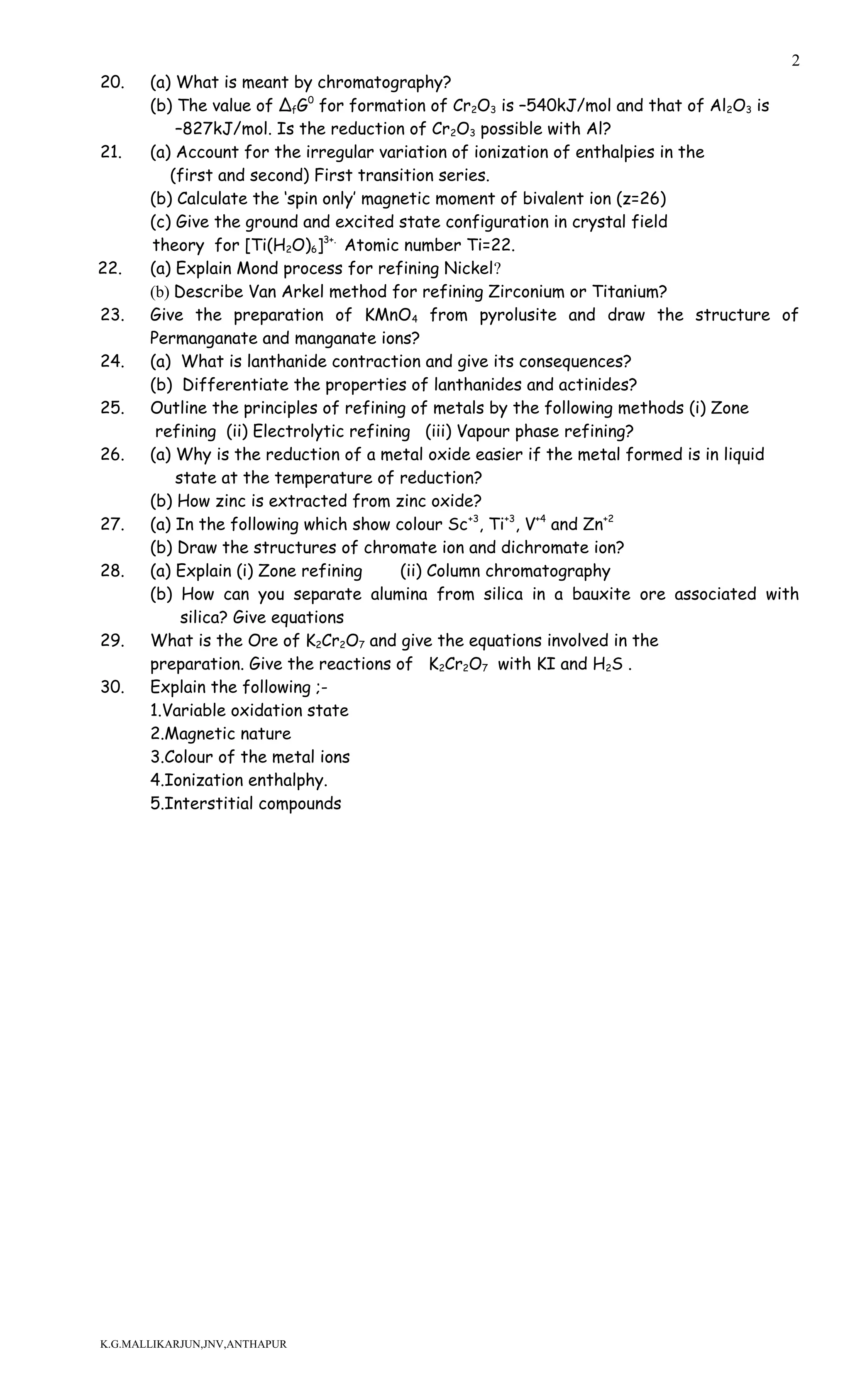 Chemistry slot test 3 | PDF