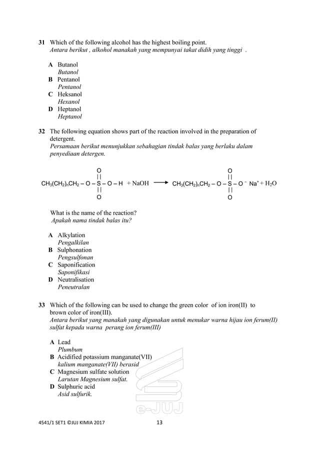 Chem juj k1 (soalan) [set 1] | PDF
