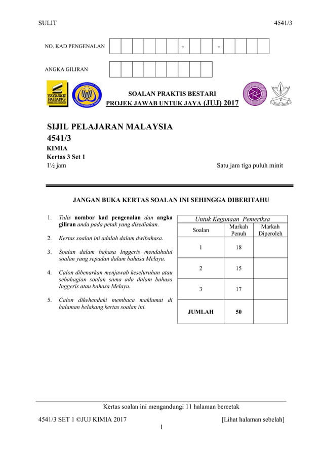 Chem juj k3 (soalan) [set 1] | PDF