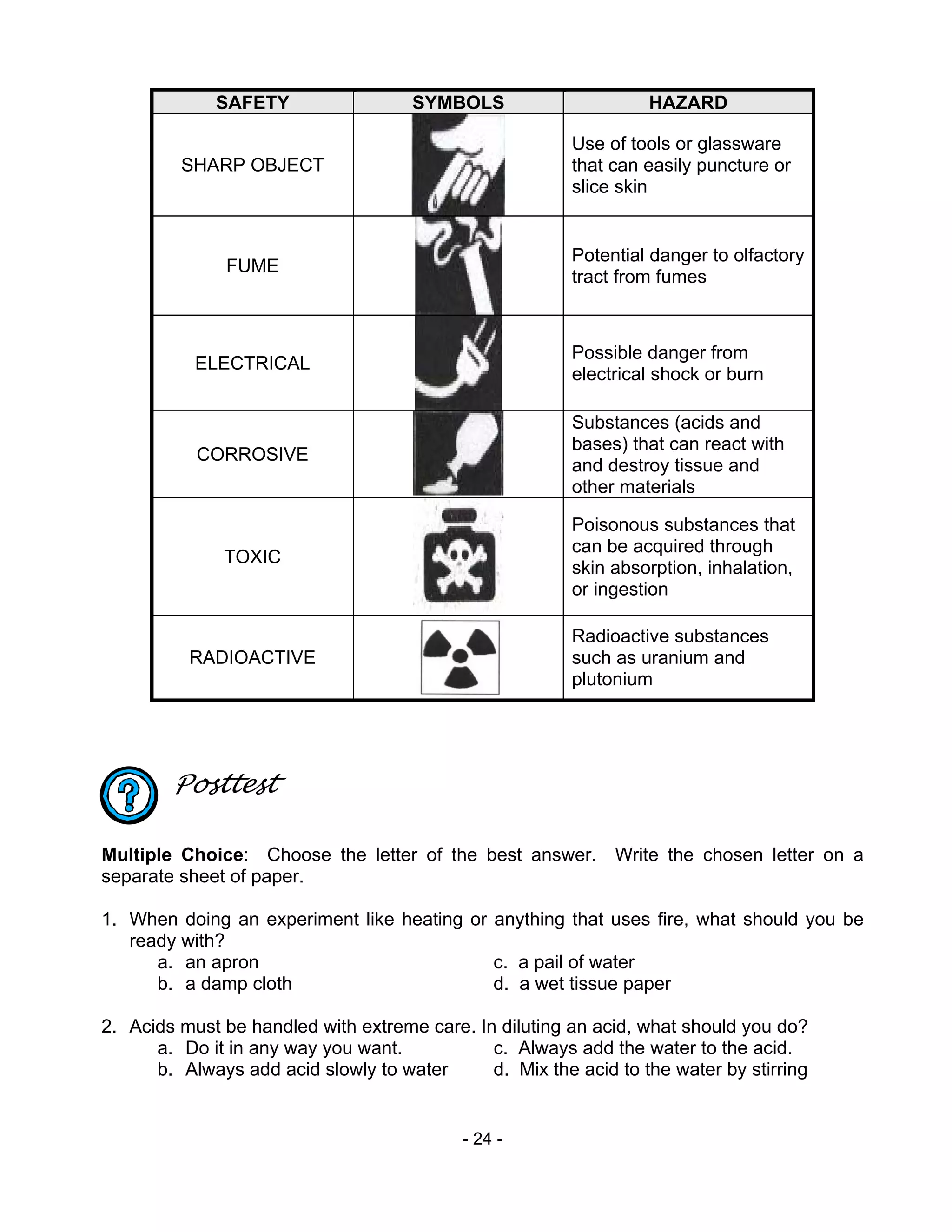 Chem m2 laboratory apparatus, safety rules & symbols | PDF