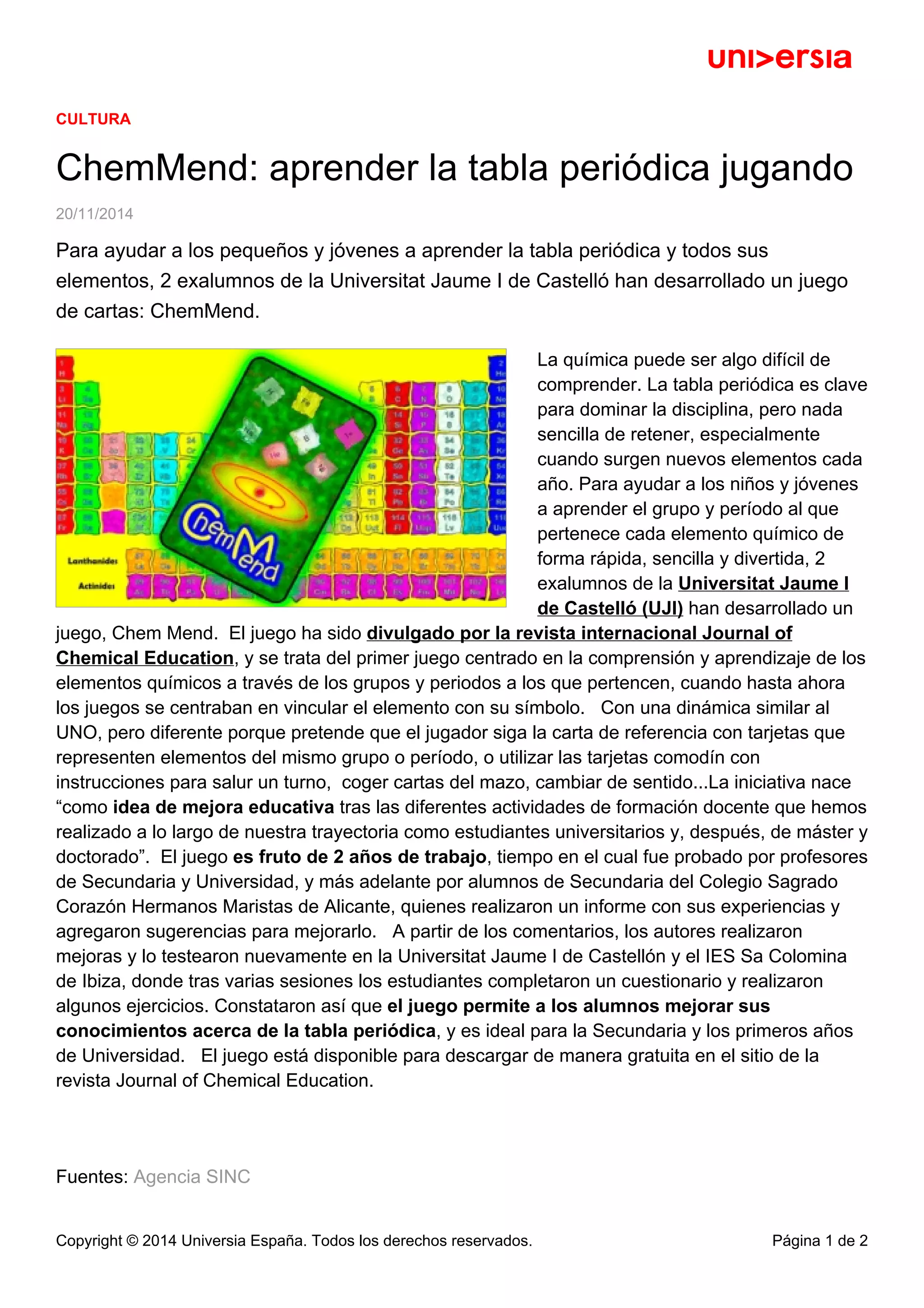 Chemmend aprender-tabla-periodica-jugando | PDF