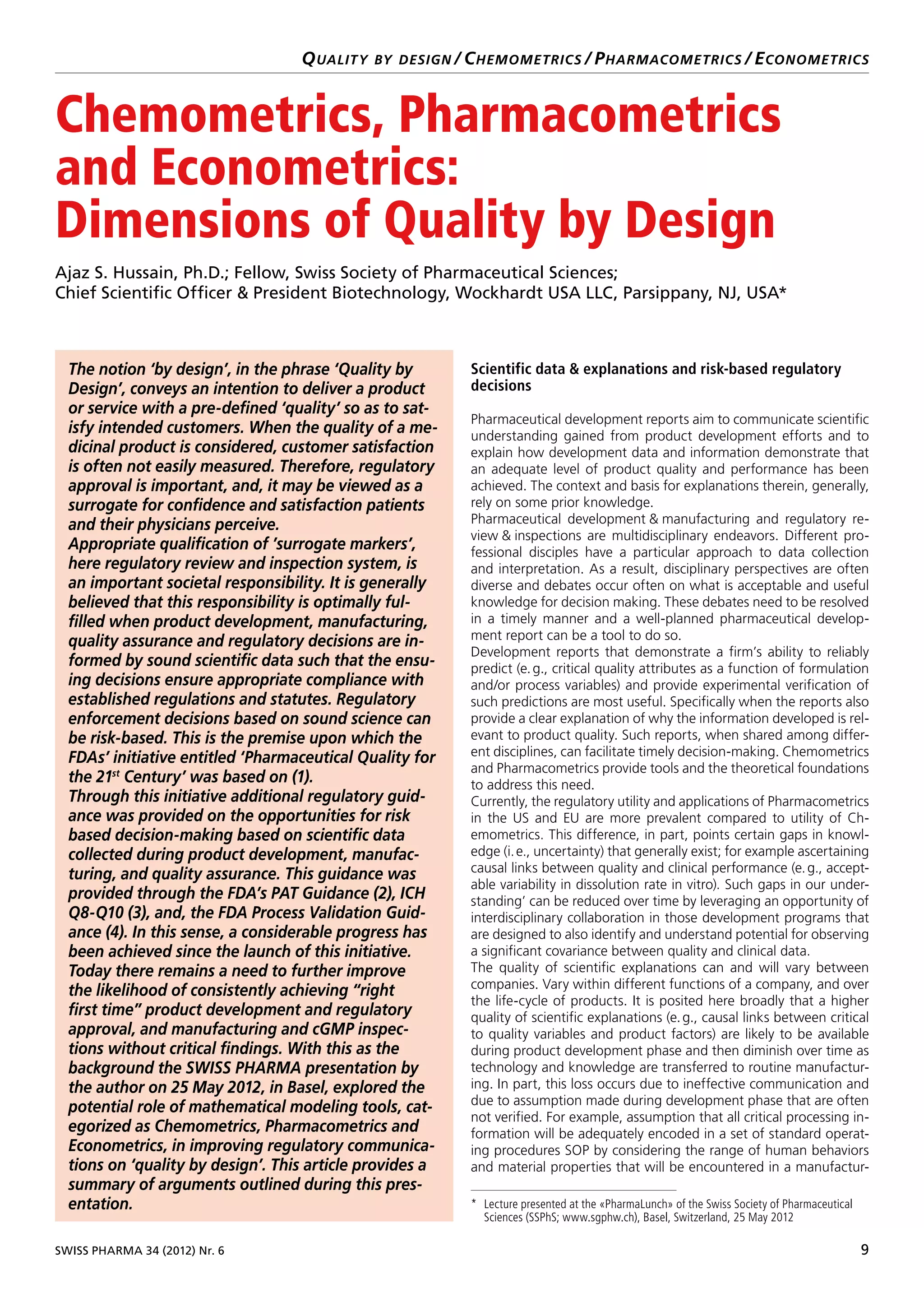 Chemometrics Pharmacometrics Econometrics of QbD Swiss Pharma-6 2012 | PDF