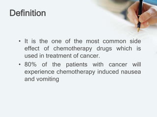 Chemotherapy induced nausea and vomiting | PPTX | Cancer | Diseases and ...