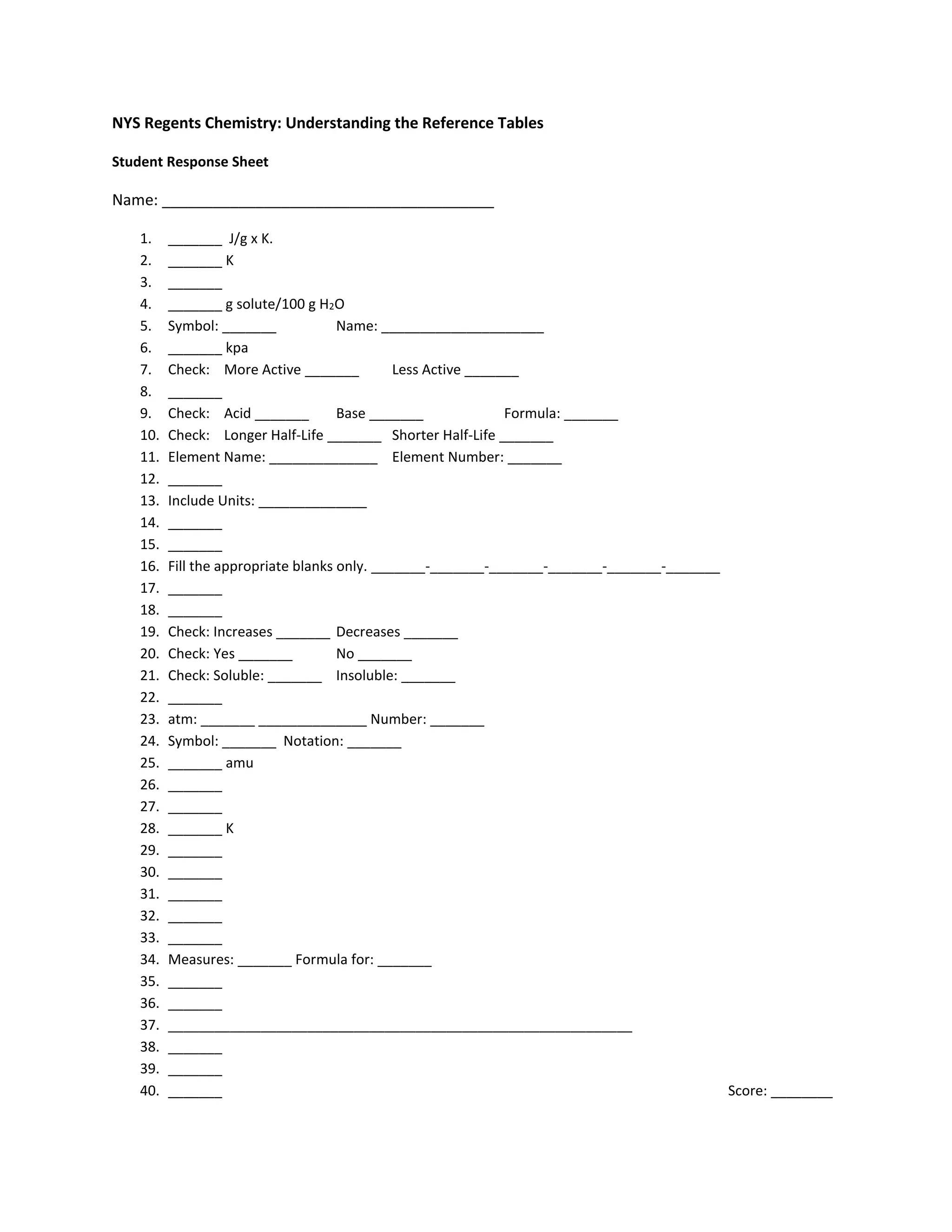 Understanding the Chemistry Reference Tables Lab w/ Key | PDF