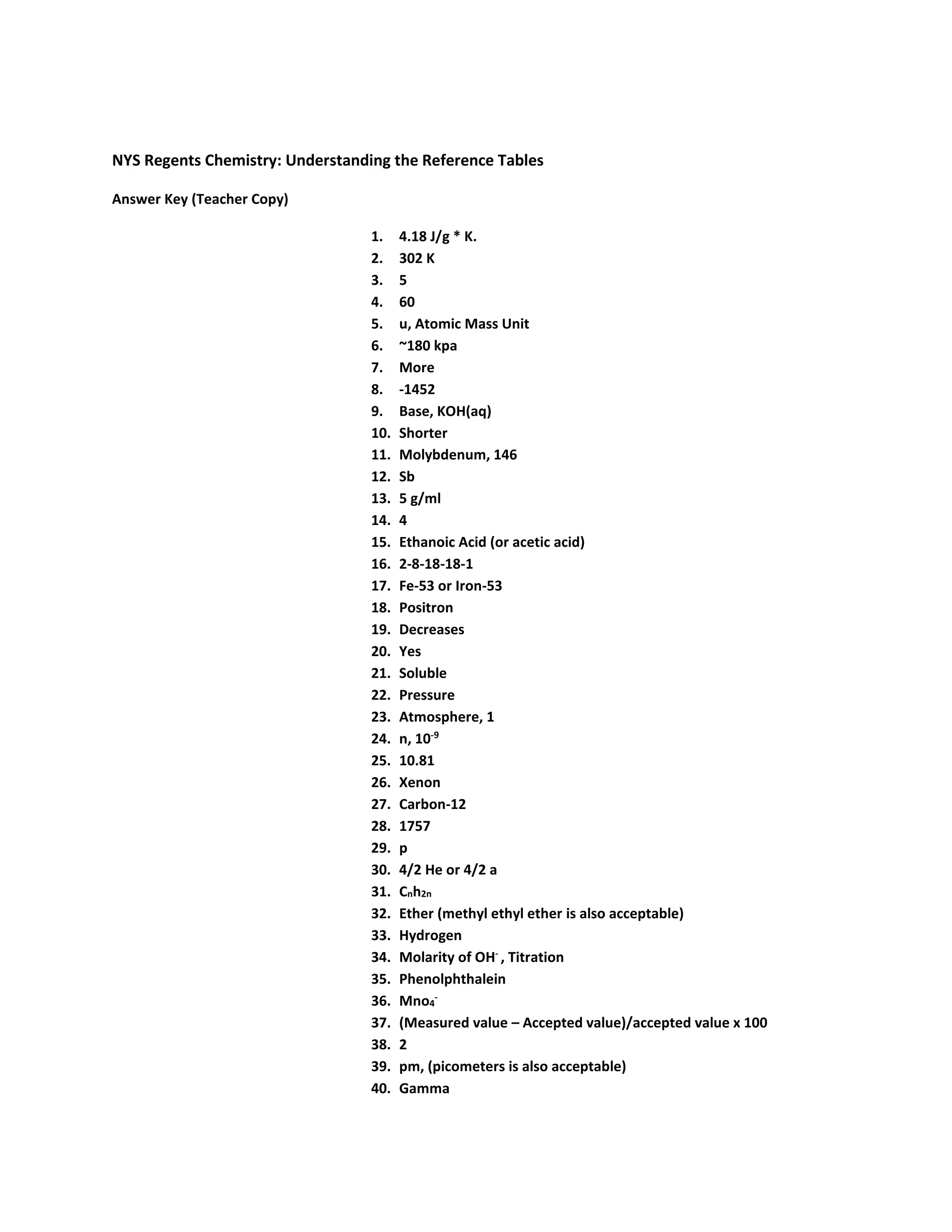 Understanding the Chemistry Reference Tables Lab w/ Key | PDF