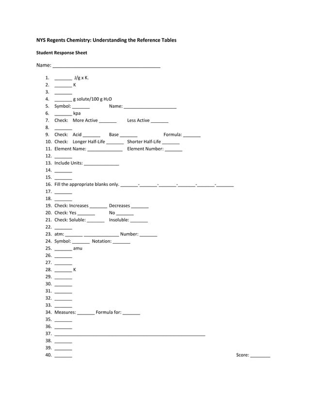 Understanding the Chemistry Reference Tables Lab w/ Key | PDF