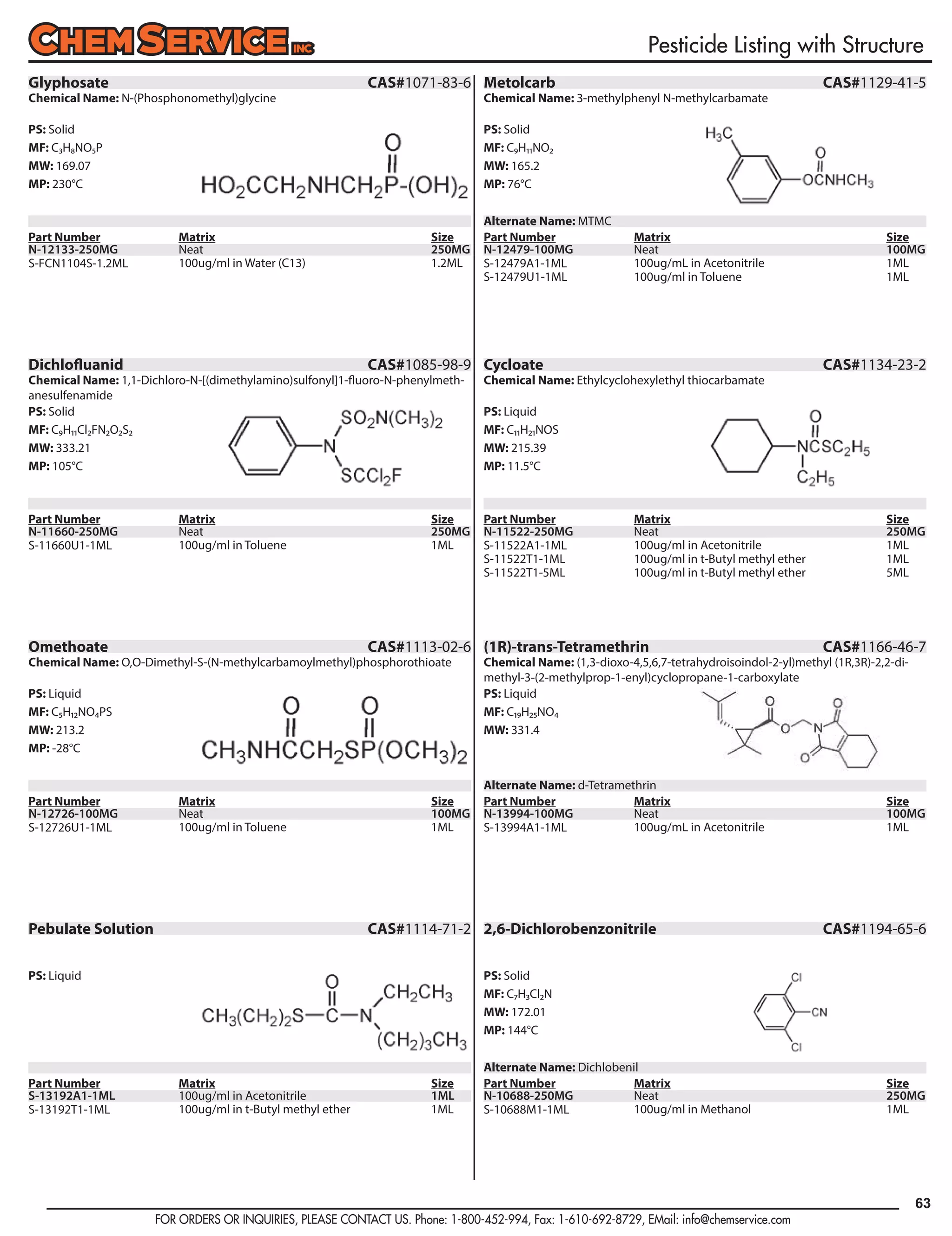 Chem Service Inc Pesticide Reference Standards Catalogue | PDF
