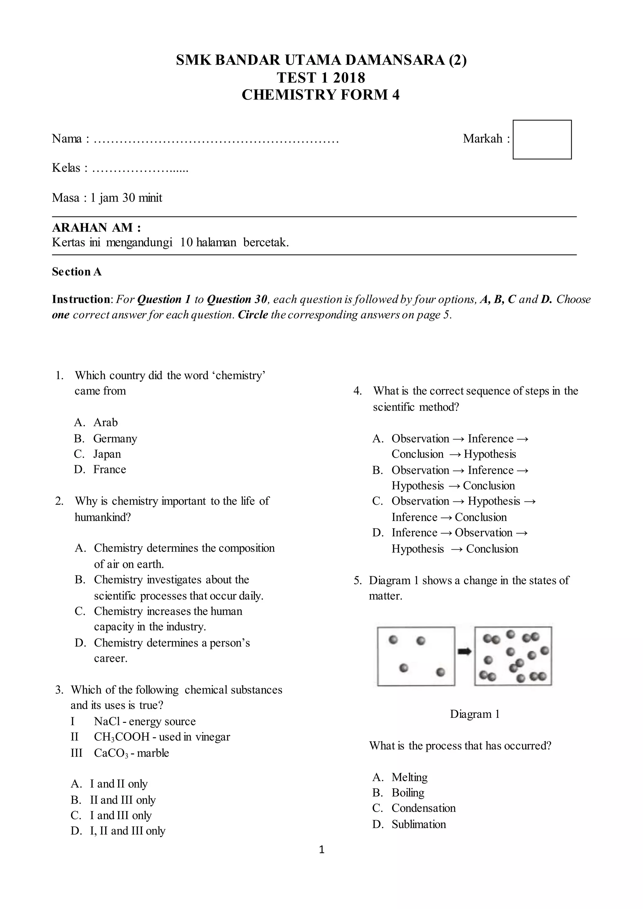 Chem test 1 2018 section a | DOCX | Chemistry | Science