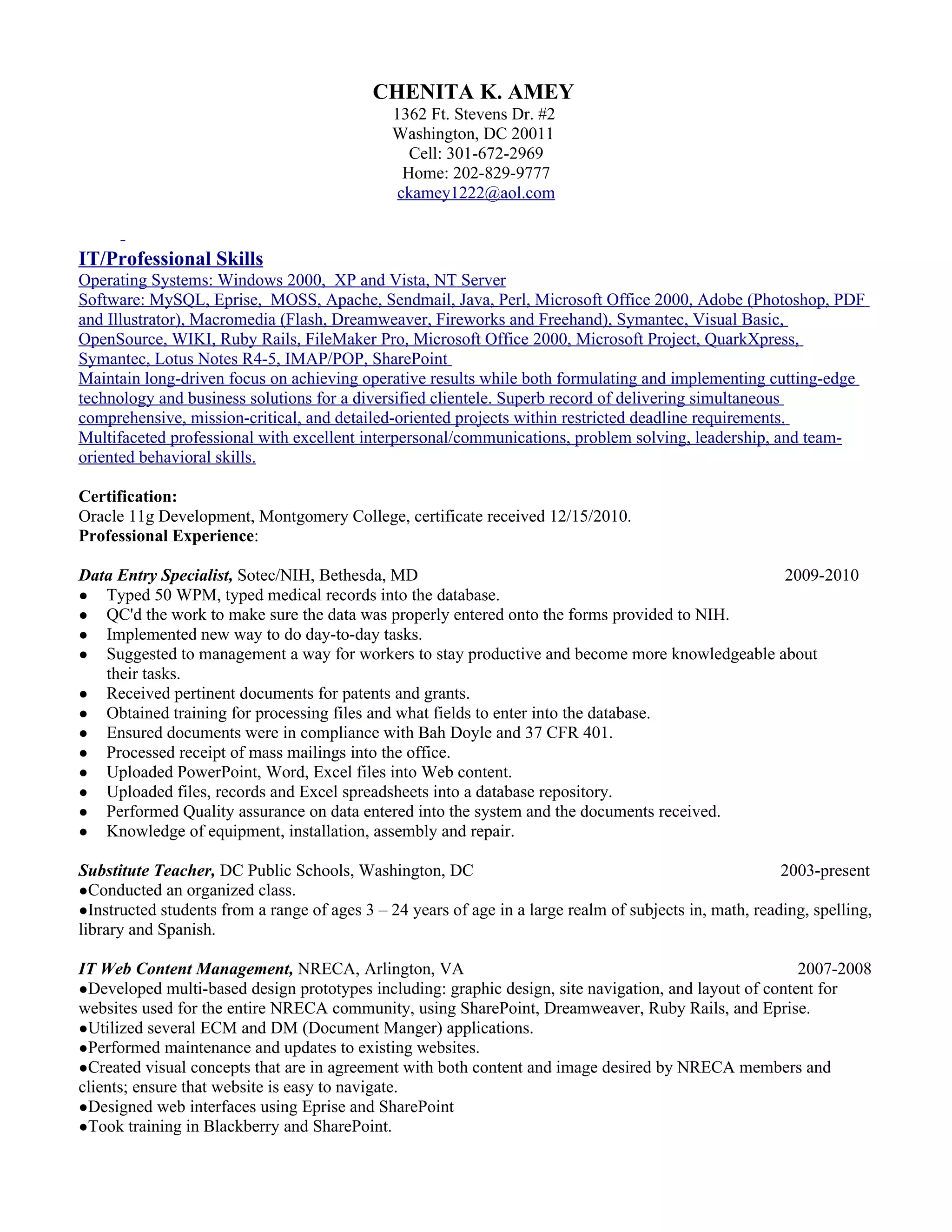 Chenita K Amey Resume | DOC