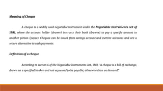 CHEQUE.pptx-MEANING-FEATURES-SPECIMEN-TYPES | PPTX