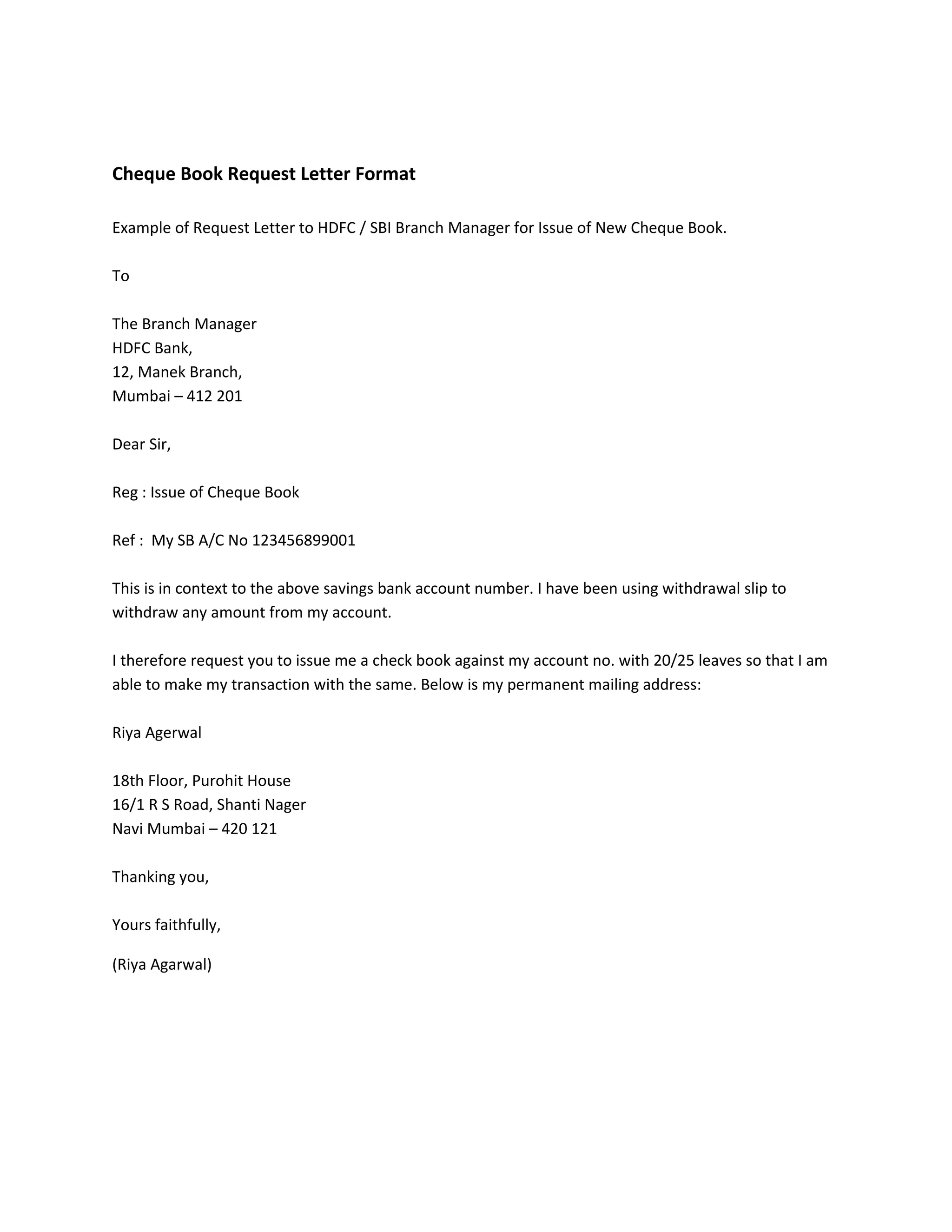 apply letter for chequebook | DOC