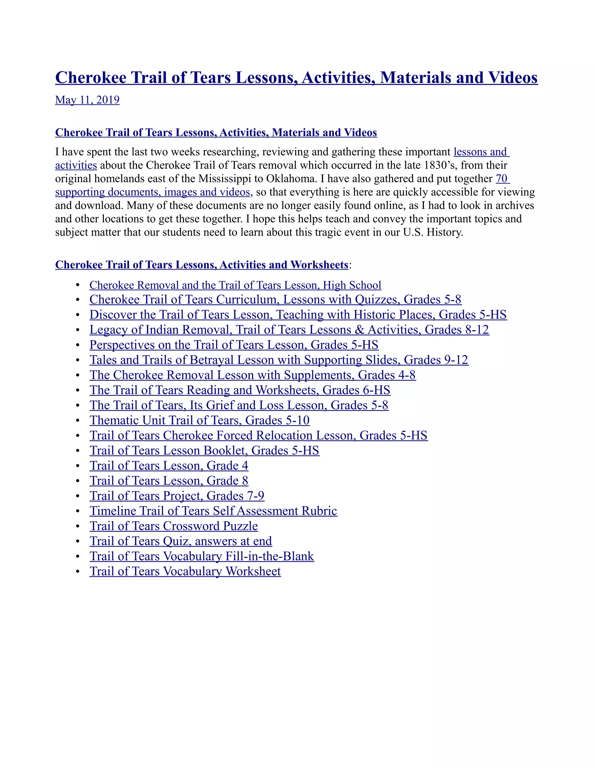 Cherokee Trail of Tears Lessons, Activities, Materials and Videos | PDF