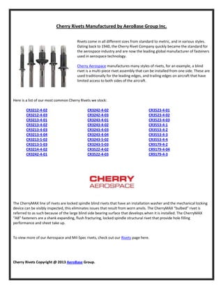 Cherry Rivets Manufactured by AeroBase Group Inc. | DOC