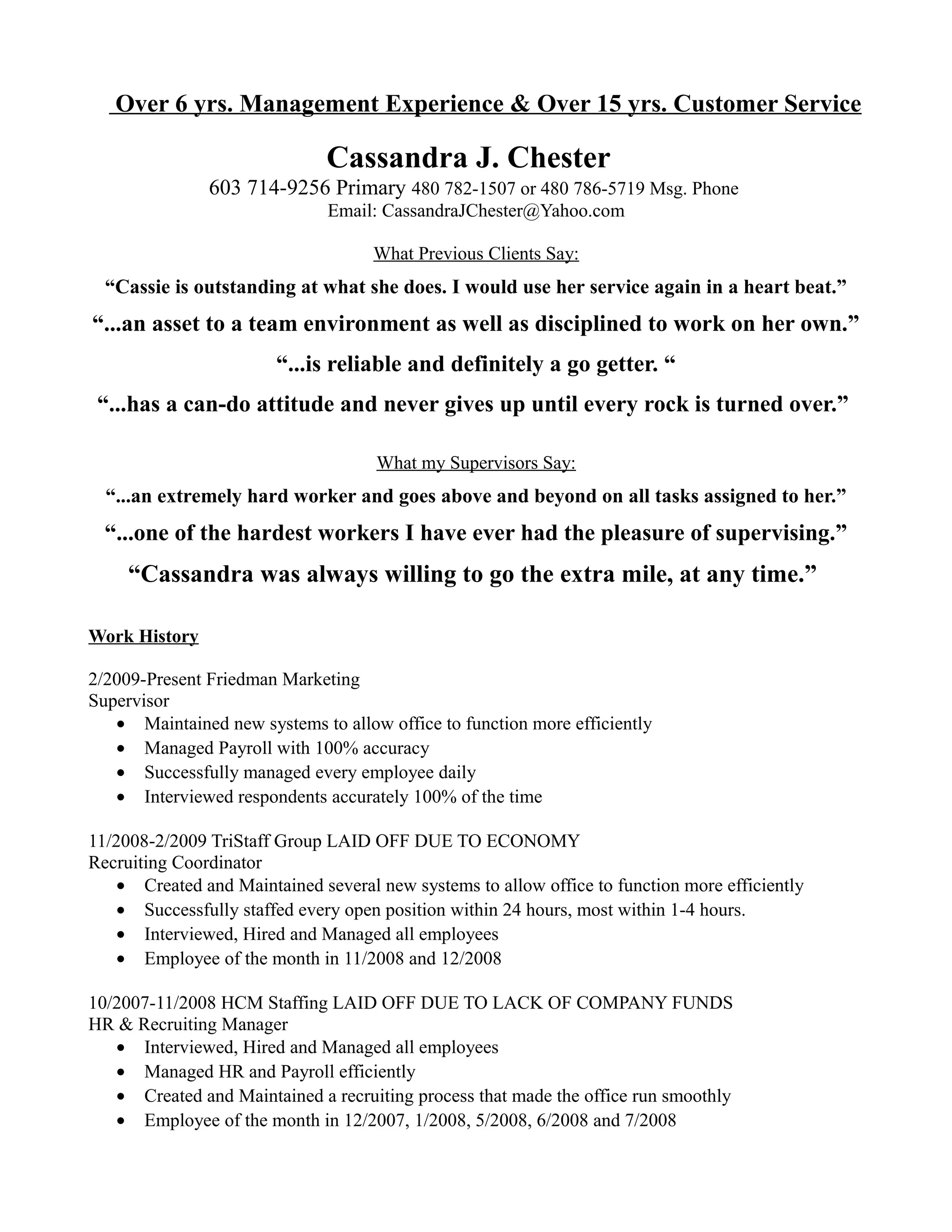 Chester, Cassandra Resume | DOC | Business | Business and Finance