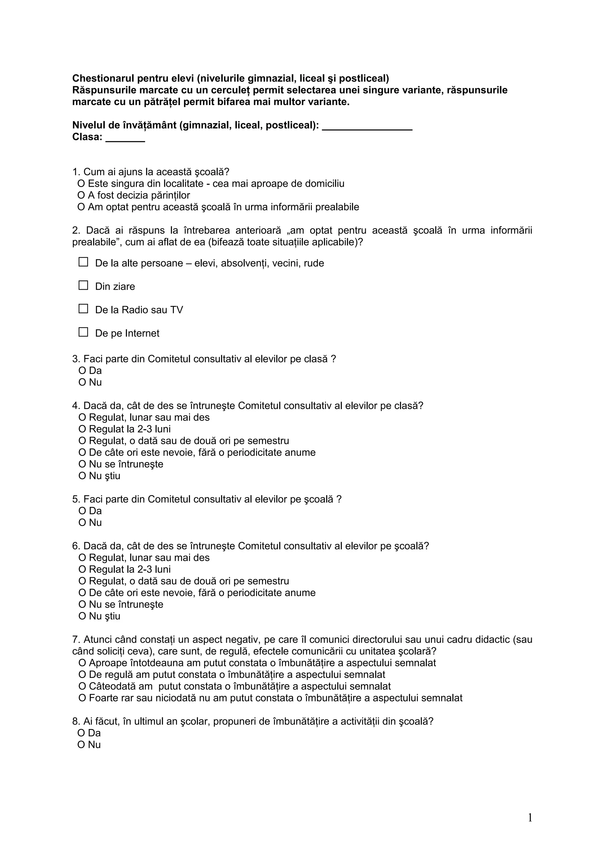 Chestionar elevi | PDF