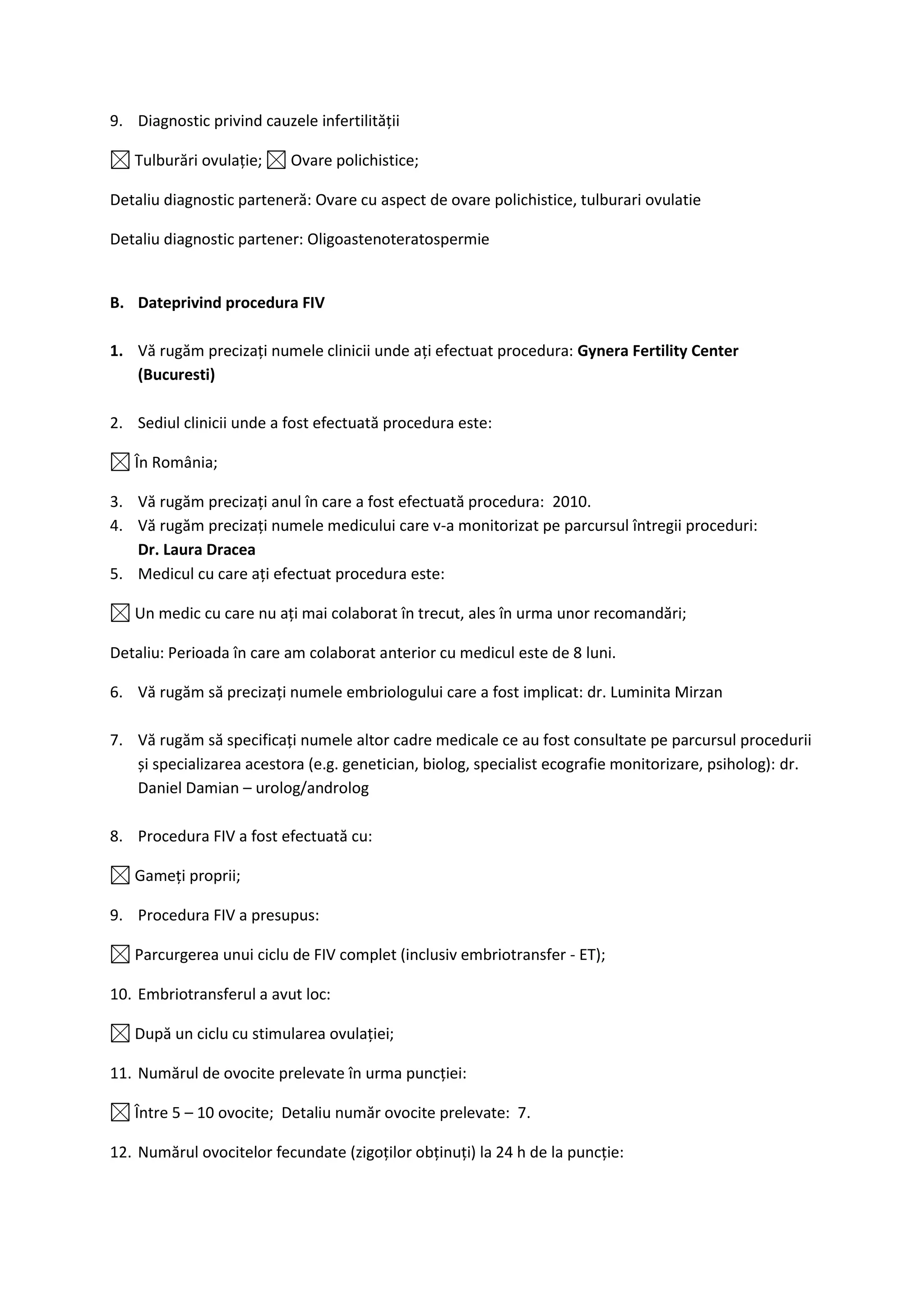 Chestionar feedback fiv 1 gynera fertility center | PDF