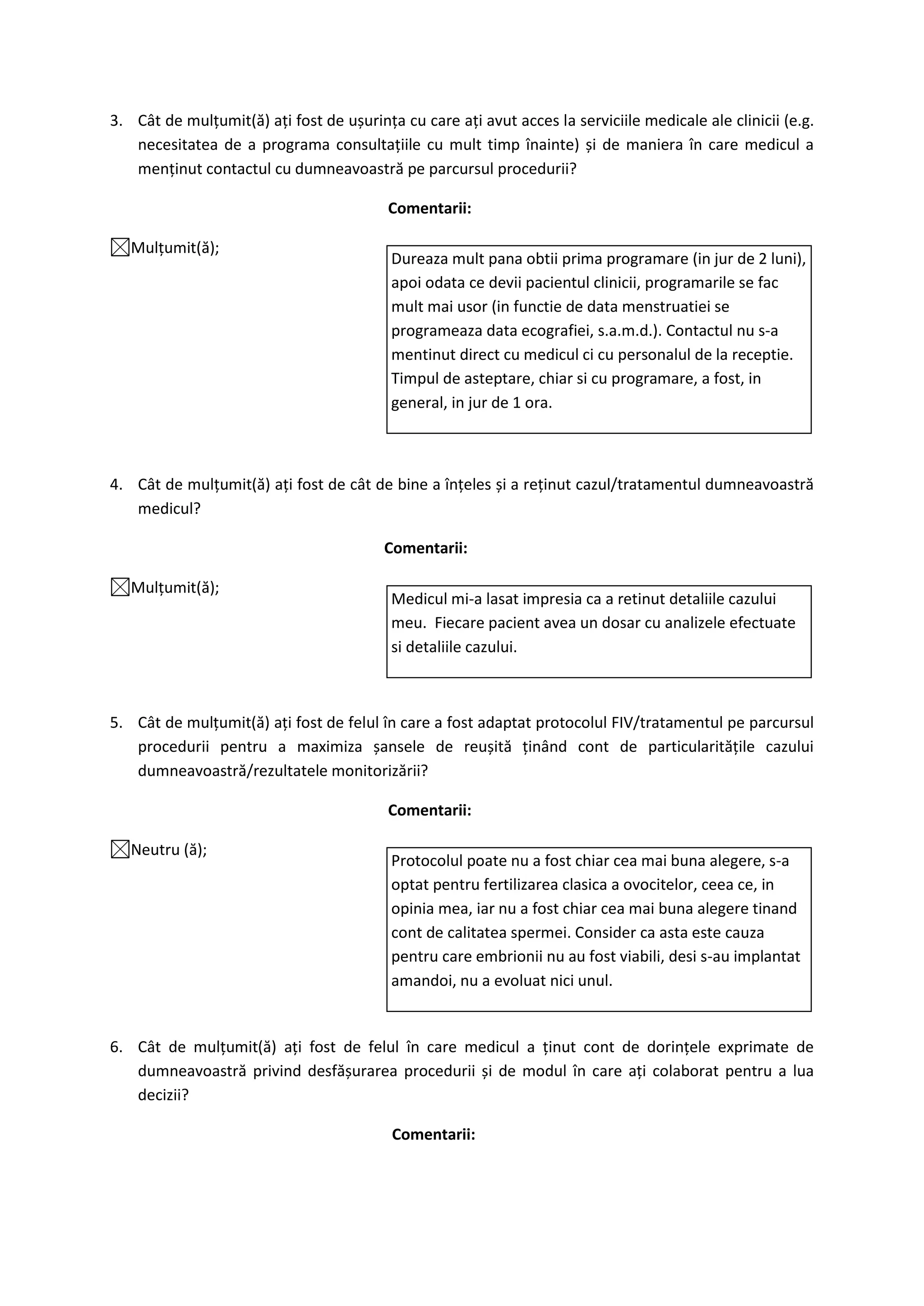 Chestionar feedback fiv 1 gynera fertility center | PDF