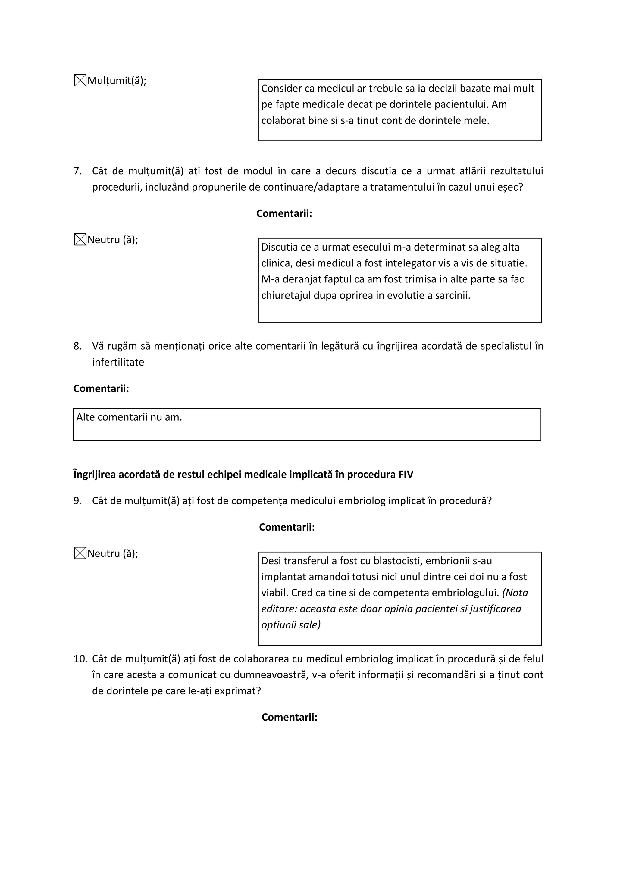 Chestionar feedback fiv 1 gynera fertility center | PDF