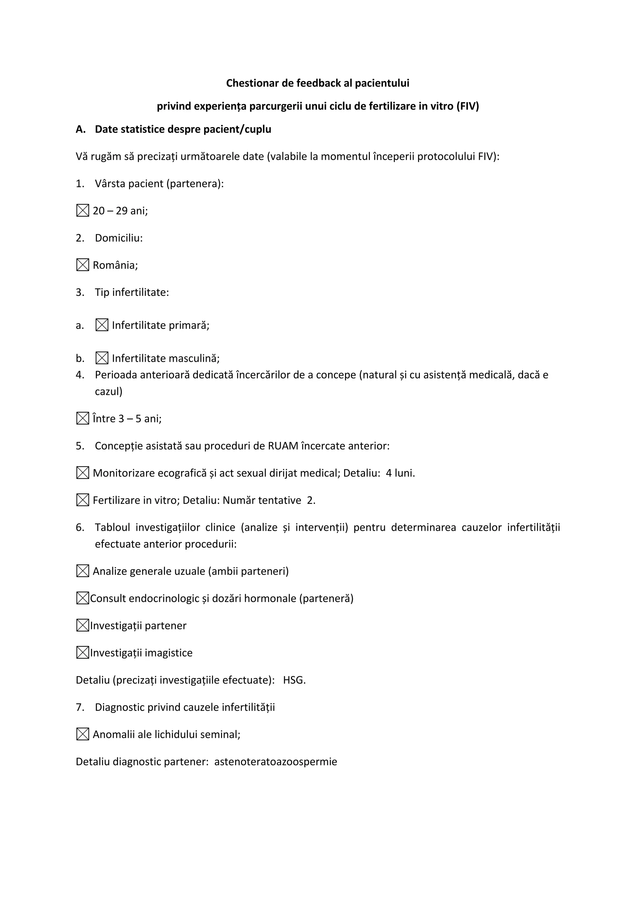 Chestionar feedback fiv 2 gynera fertility center | PDF
