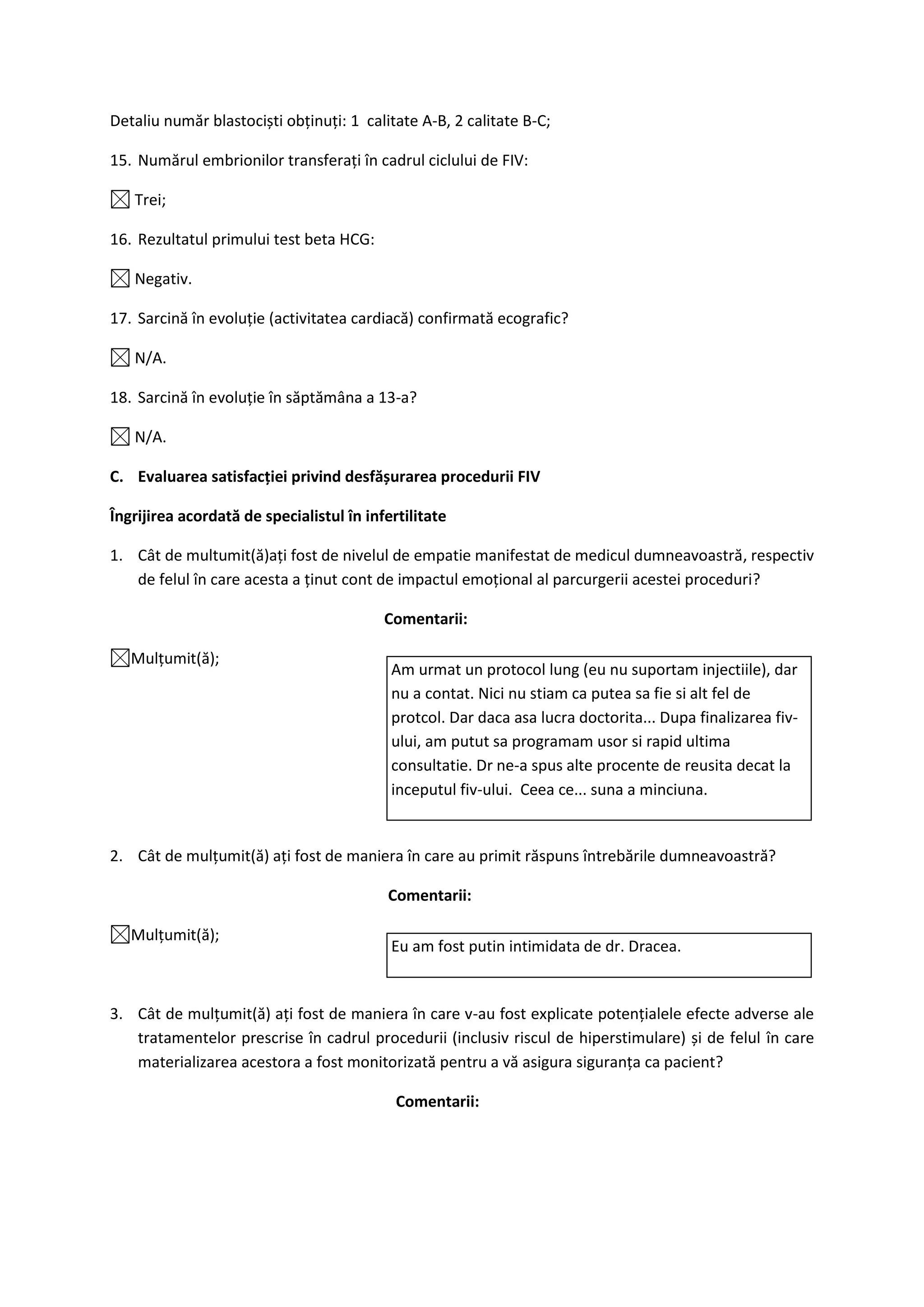 Chestionar feedback fiv 2 gynera fertility center | PDF