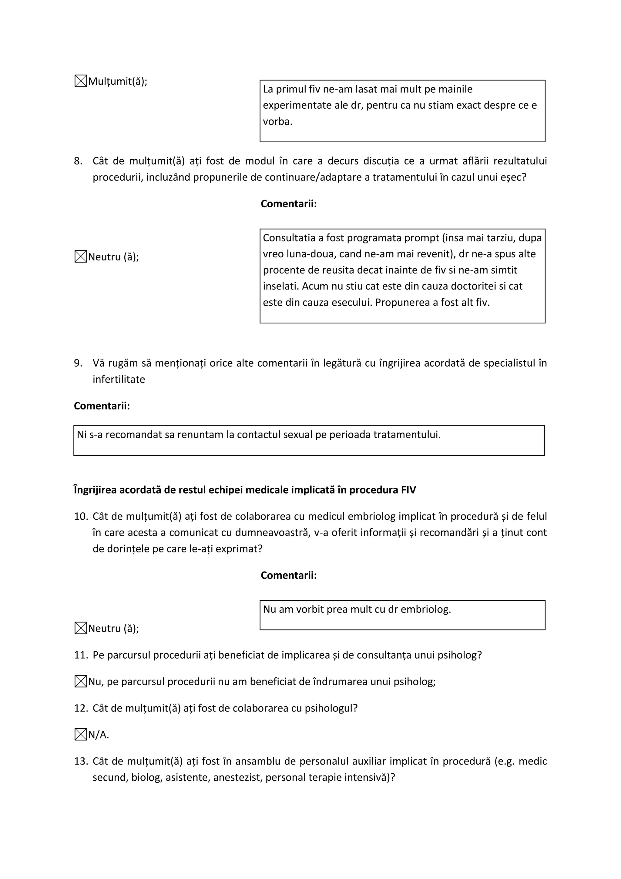 Chestionar feedback fiv 2 gynera fertility center | PDF