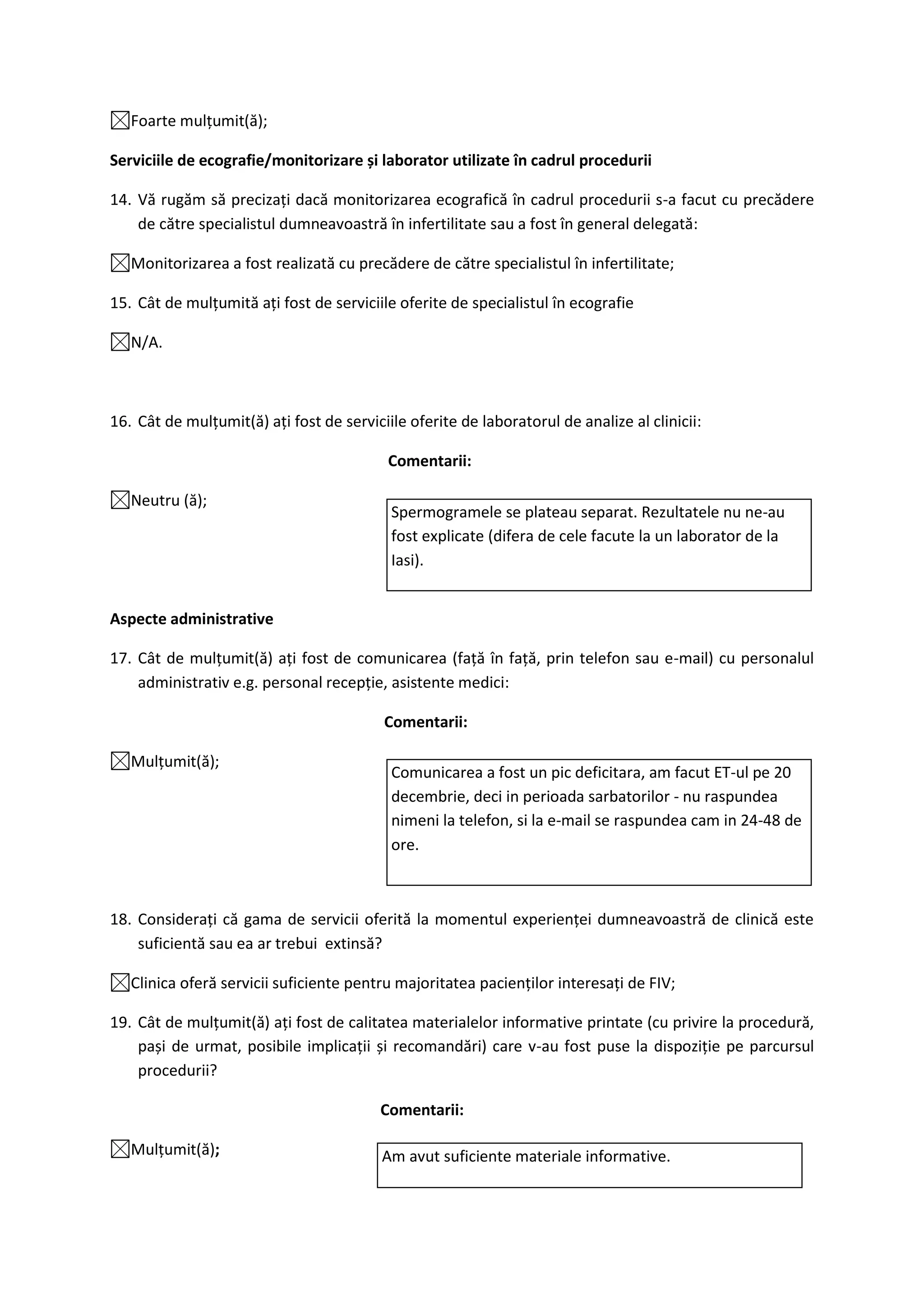 Chestionar feedback fiv 2 gynera fertility center | PDF