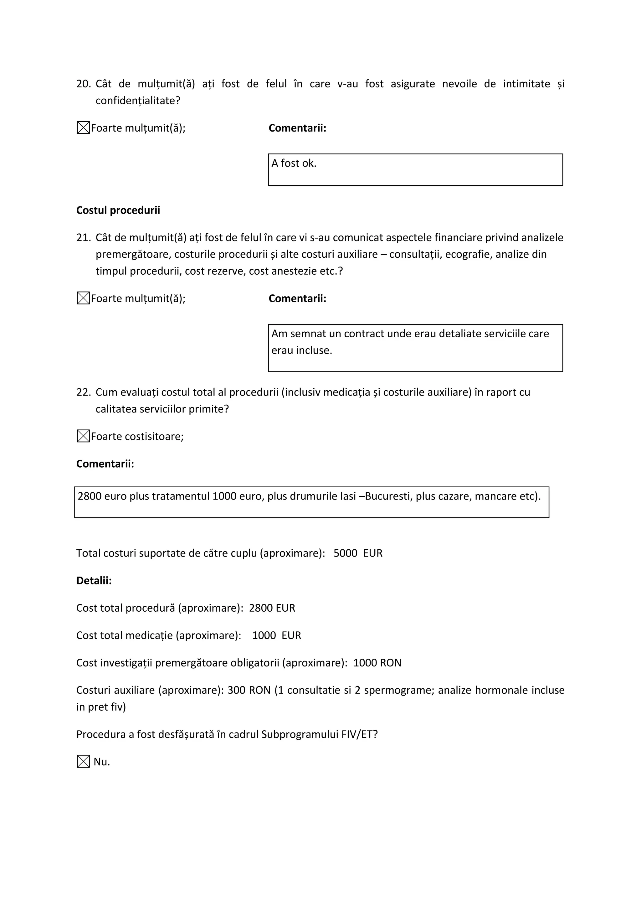 Chestionar feedback fiv 2 gynera fertility center | PDF