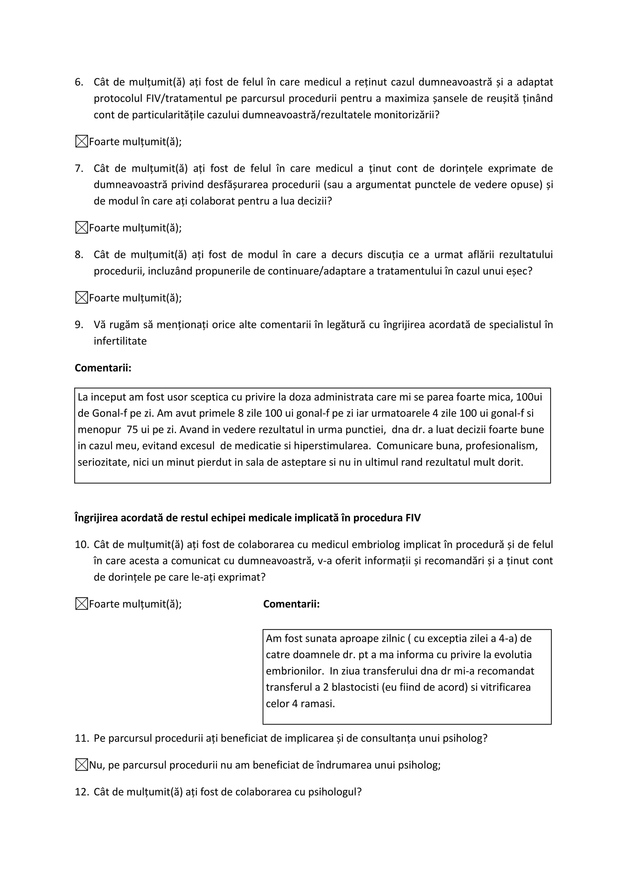 Chestionar feedback fiv 3 gynera fertility center | PDF