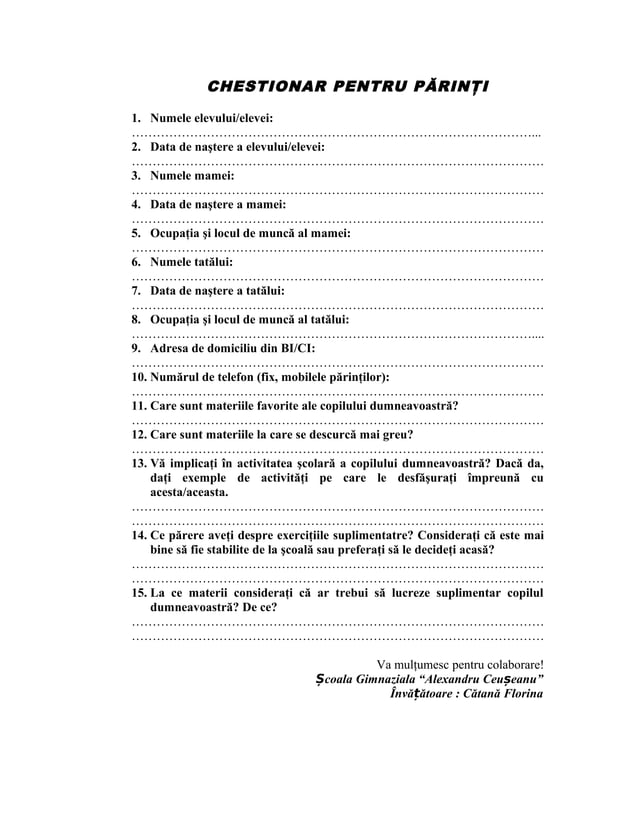 Chestionar pentru parinti | DOC