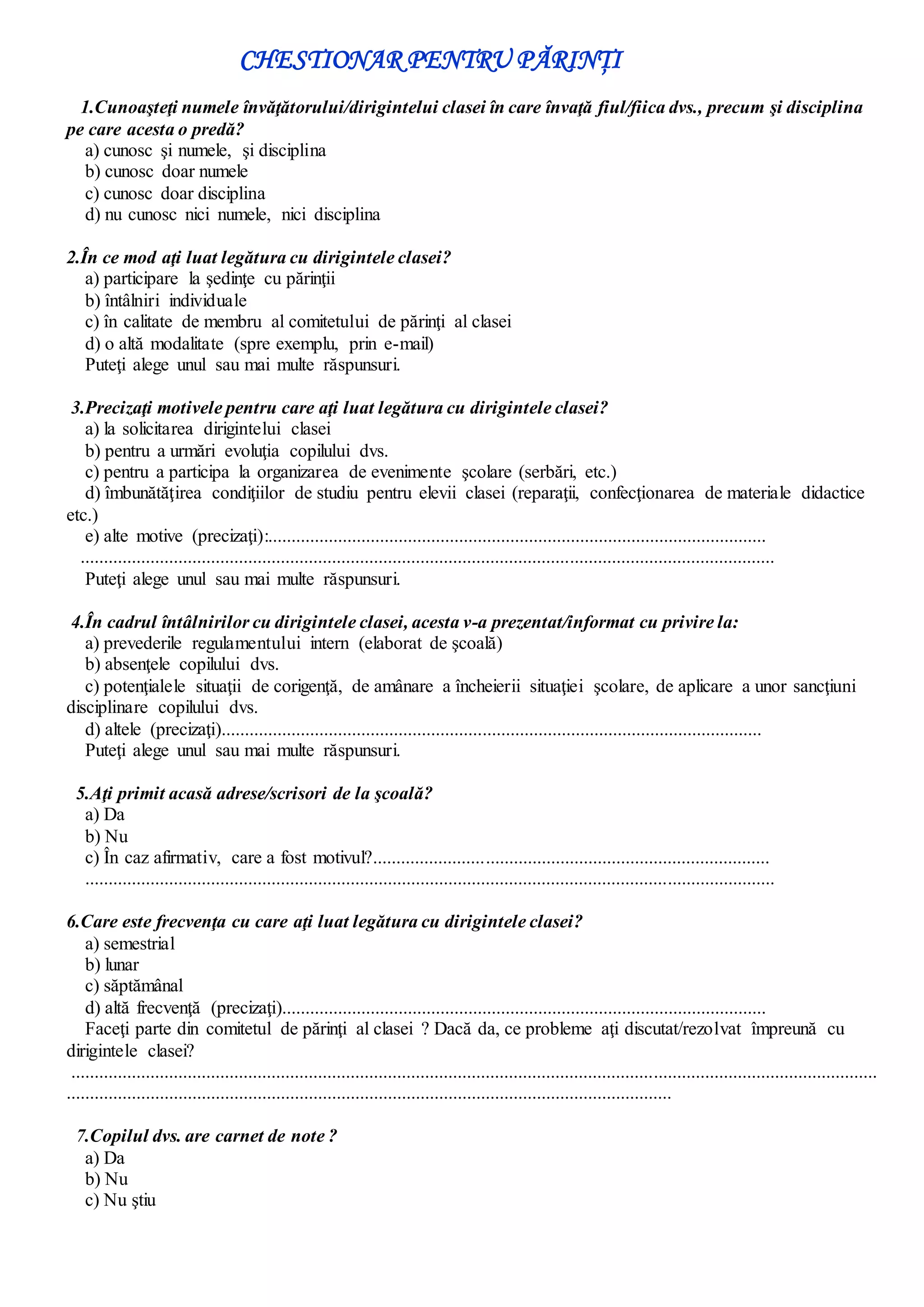 Chestionar pentru părinţi | DOCX