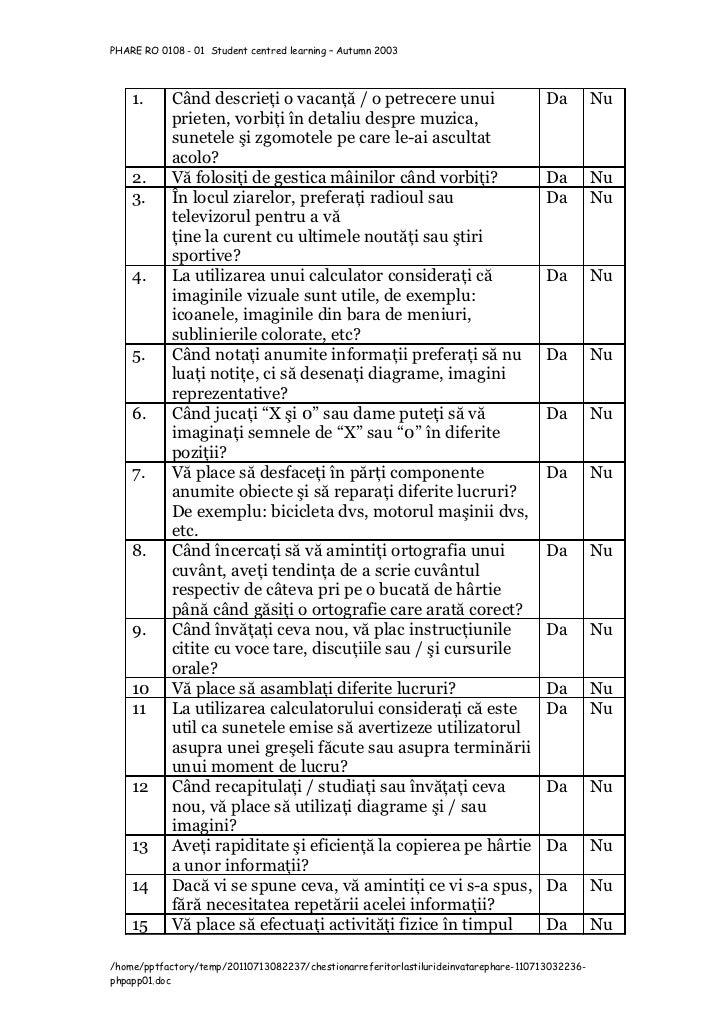 Chestionar referitor la stiluri de invatare phare