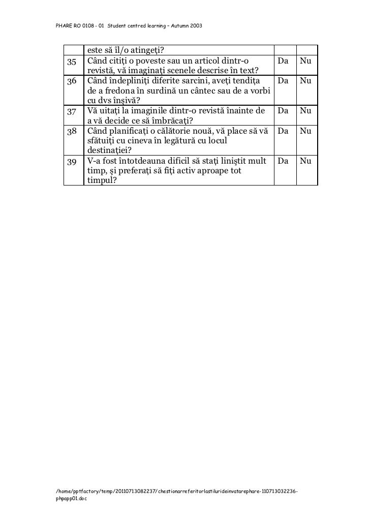 Chestionar referitor la stiluri de invatare phare