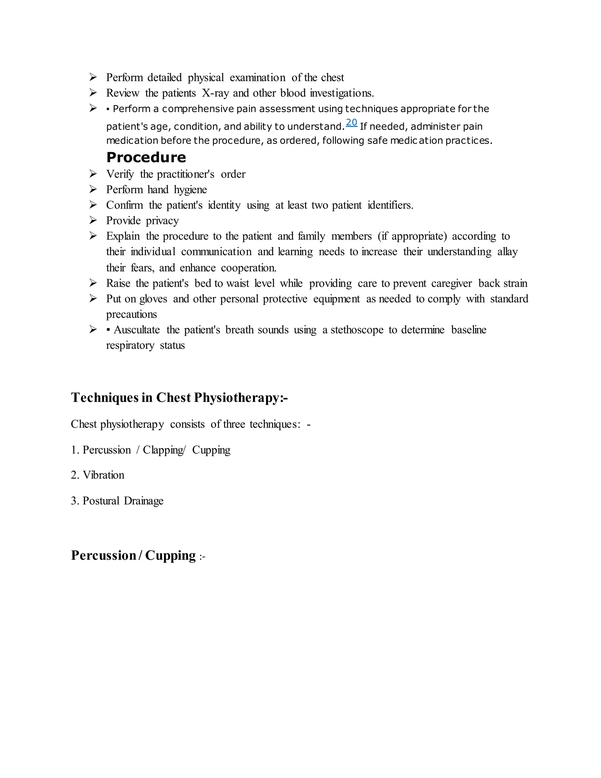 Chest physiotherapy procedure | DOCX