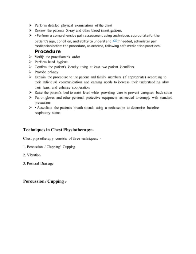 Chest physiotherapy procedure | DOCX | First Aid | Injuries