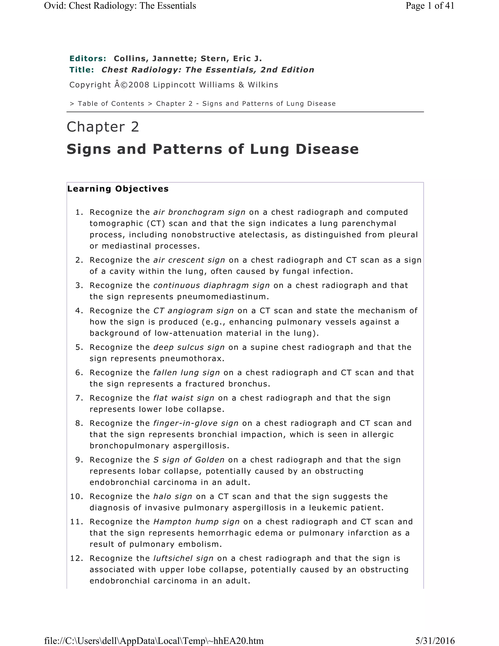 Chest radiology essentials signs | PDF