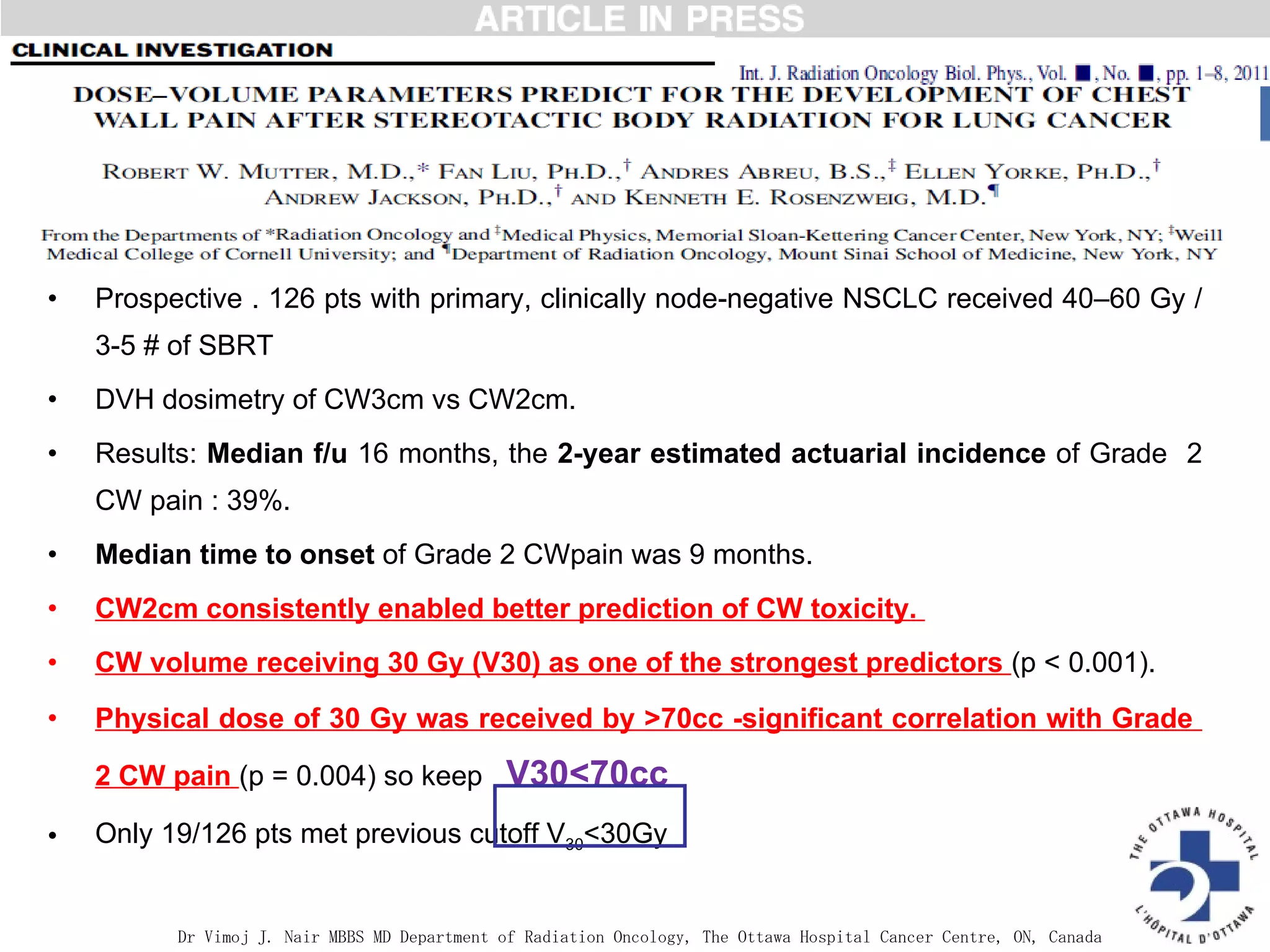 CHEST WALL TOXICITY IN SABR : PREDICTORS AND CONTOURING OF CHEST WALL | PPT