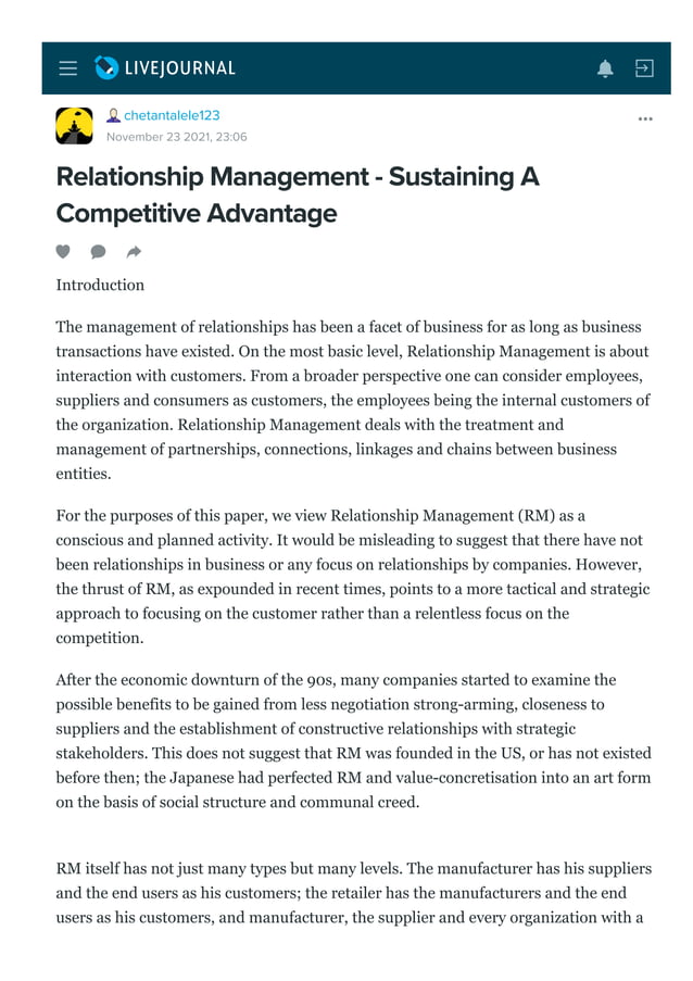 Relationship Management - Sustaining A Competitive Advantage | PDF