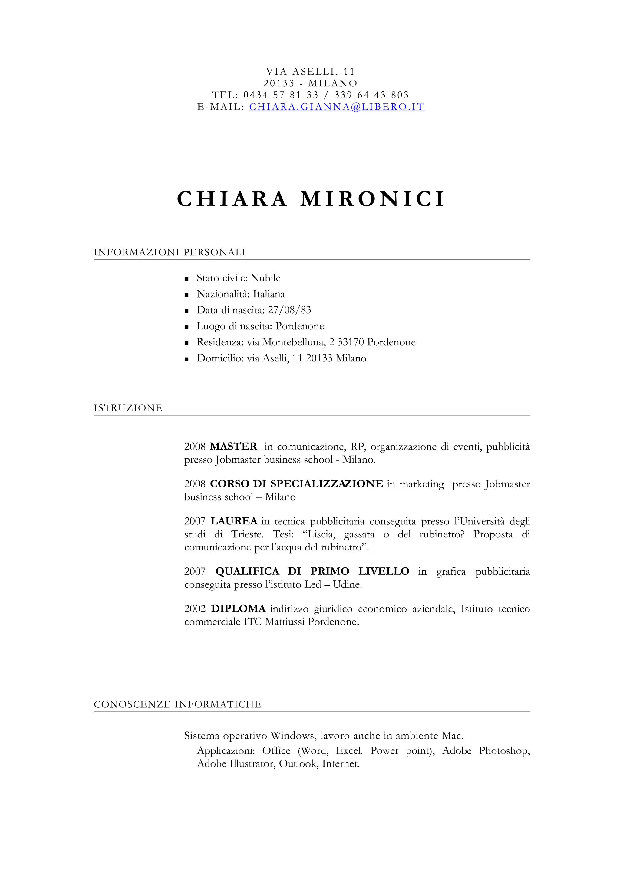 Chiara Mironici Cv | DOC