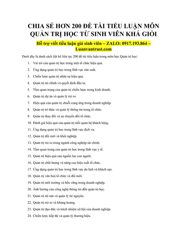 Chia Sẻ Hơn 200 Đề Tài Tiểu Luận Môn Quản Trị Học Từ Sinh Viên Khá Giỏi | DOCX