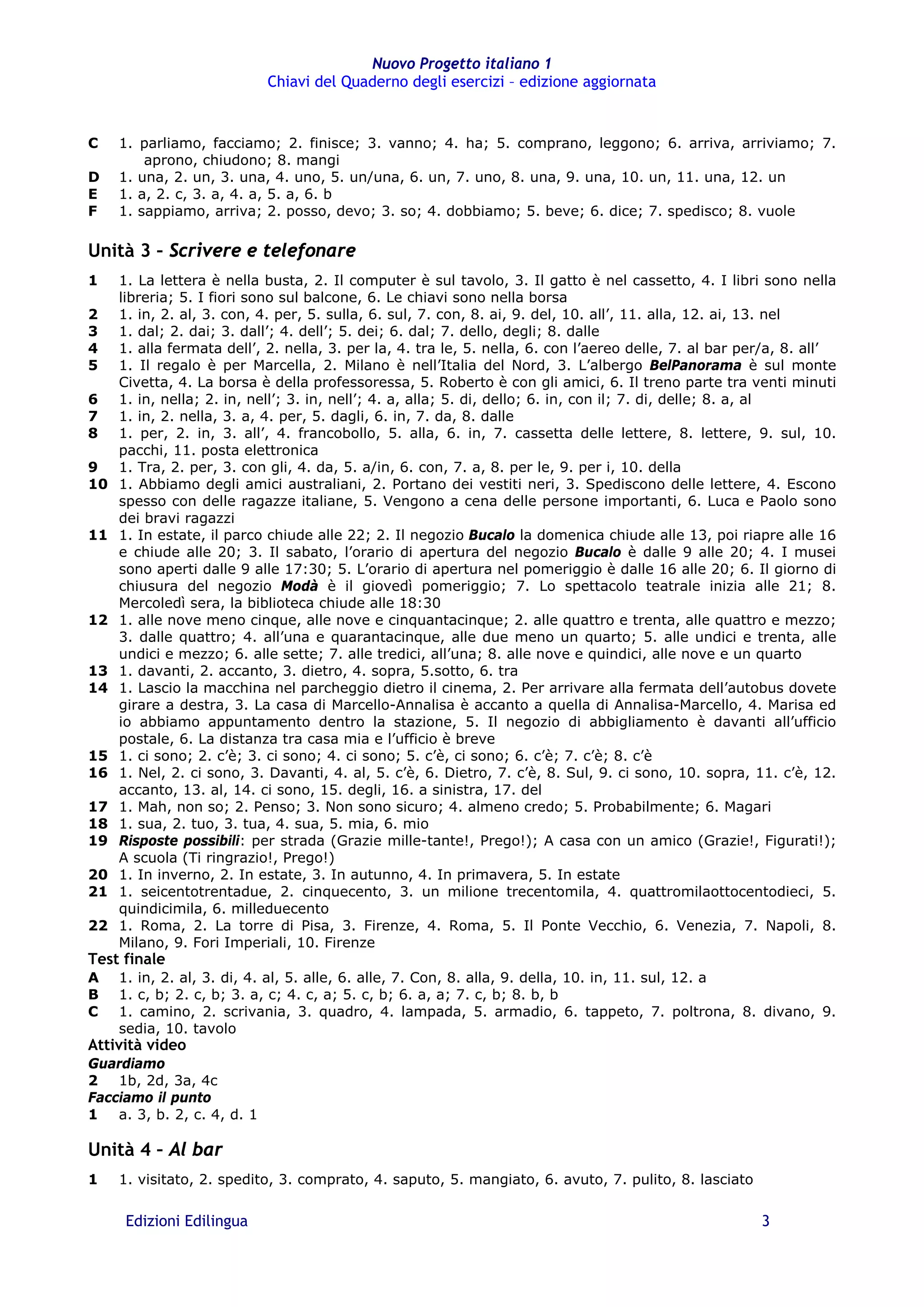 Chiavi del Quaderno: Nuovo Progetto italiano 1 | PDF