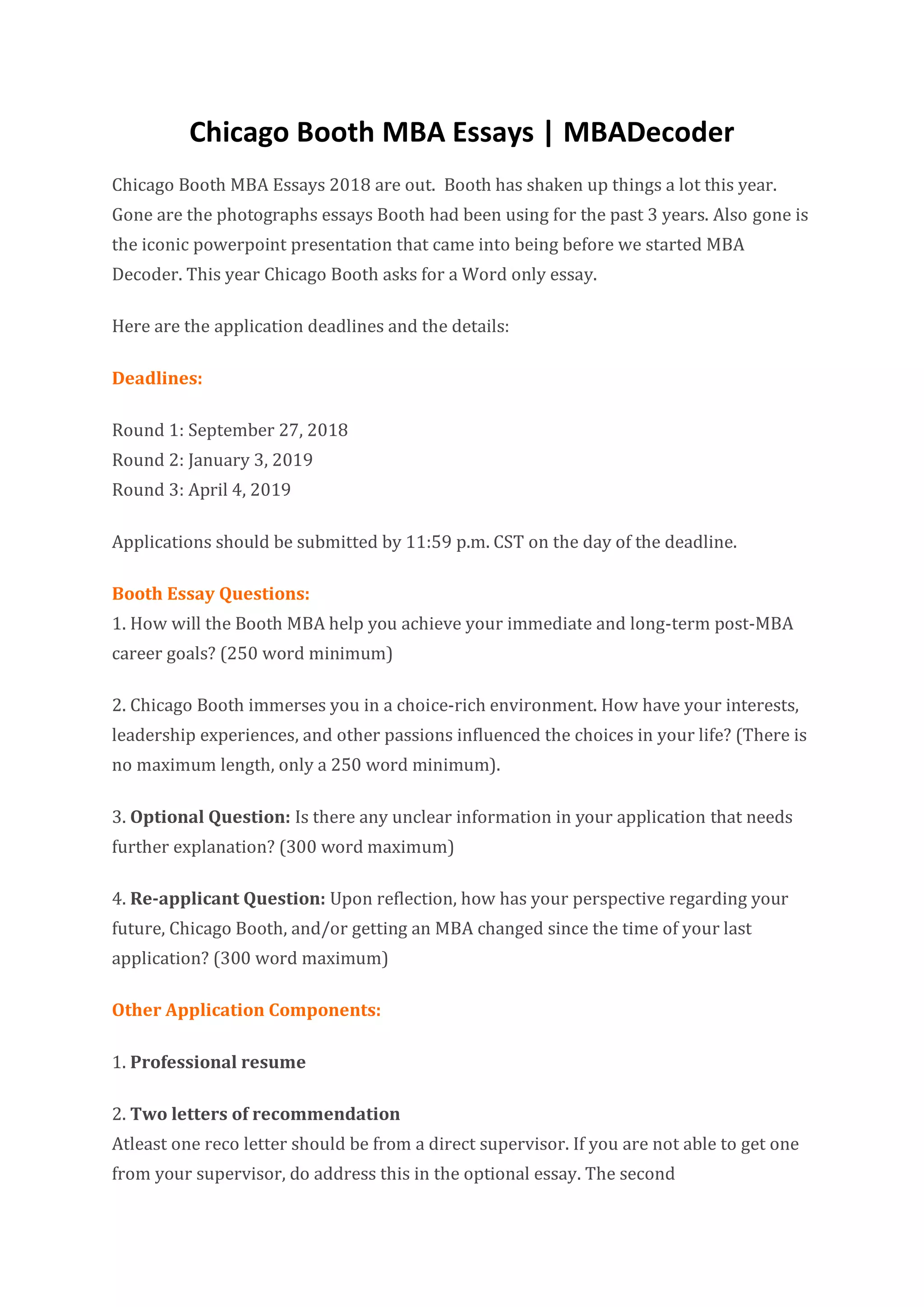 Chicago booth mba essay questions | PDF