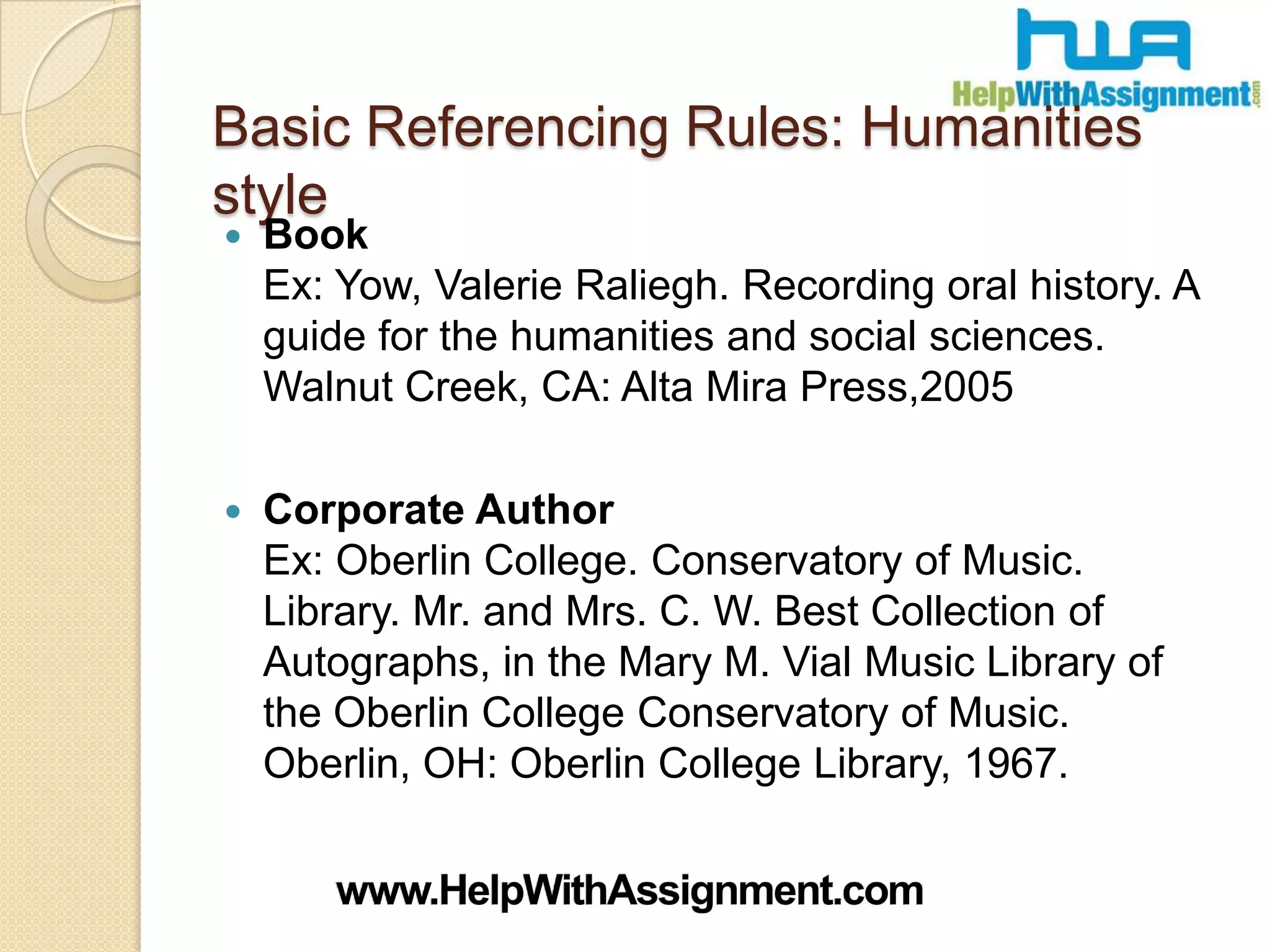 Chicago Referencing Style HelpWIthAssignment.com