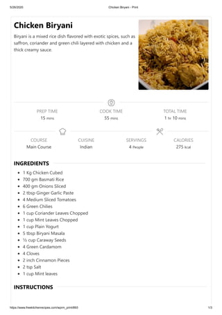 Chicken Biryani Recipe | PDF