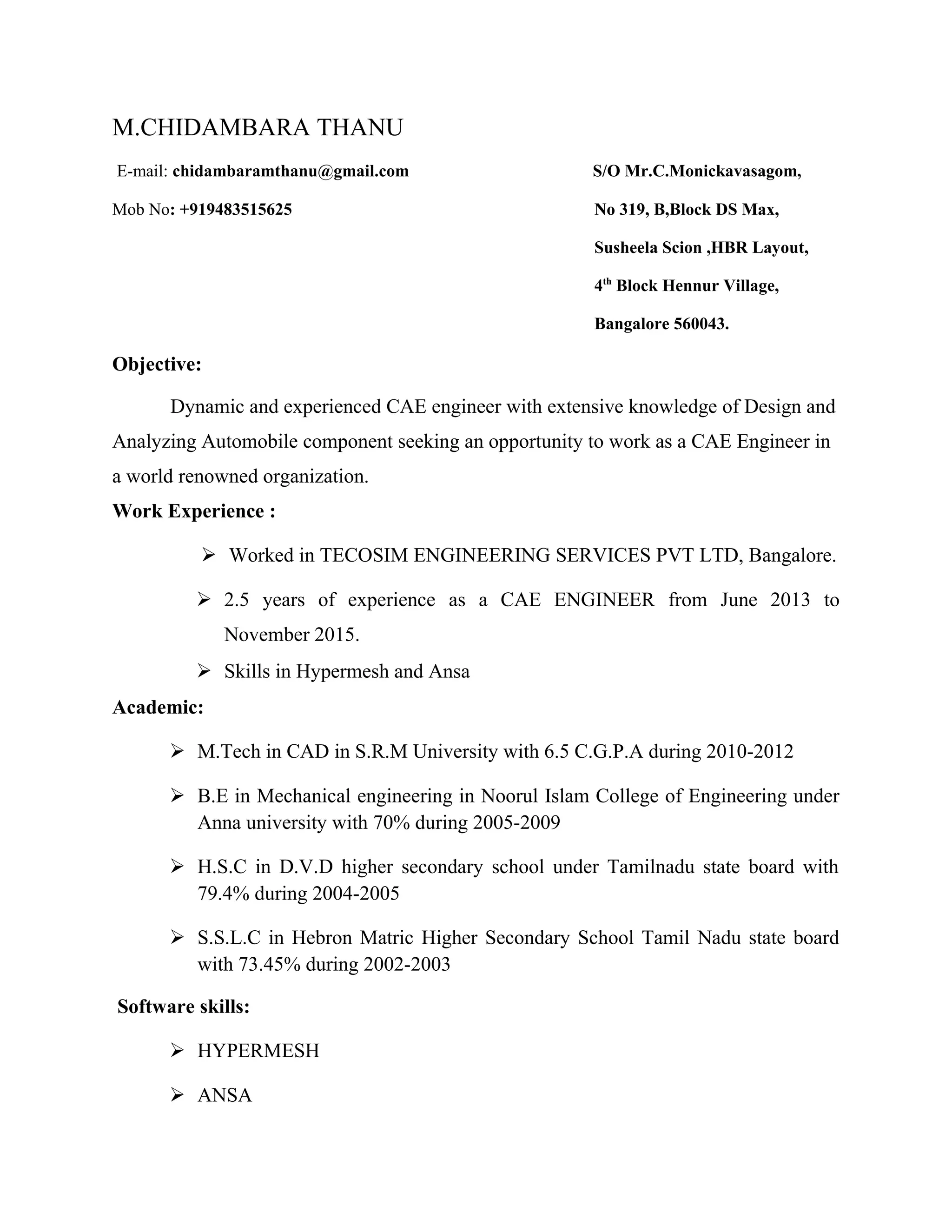Chidambaram resume | DOC