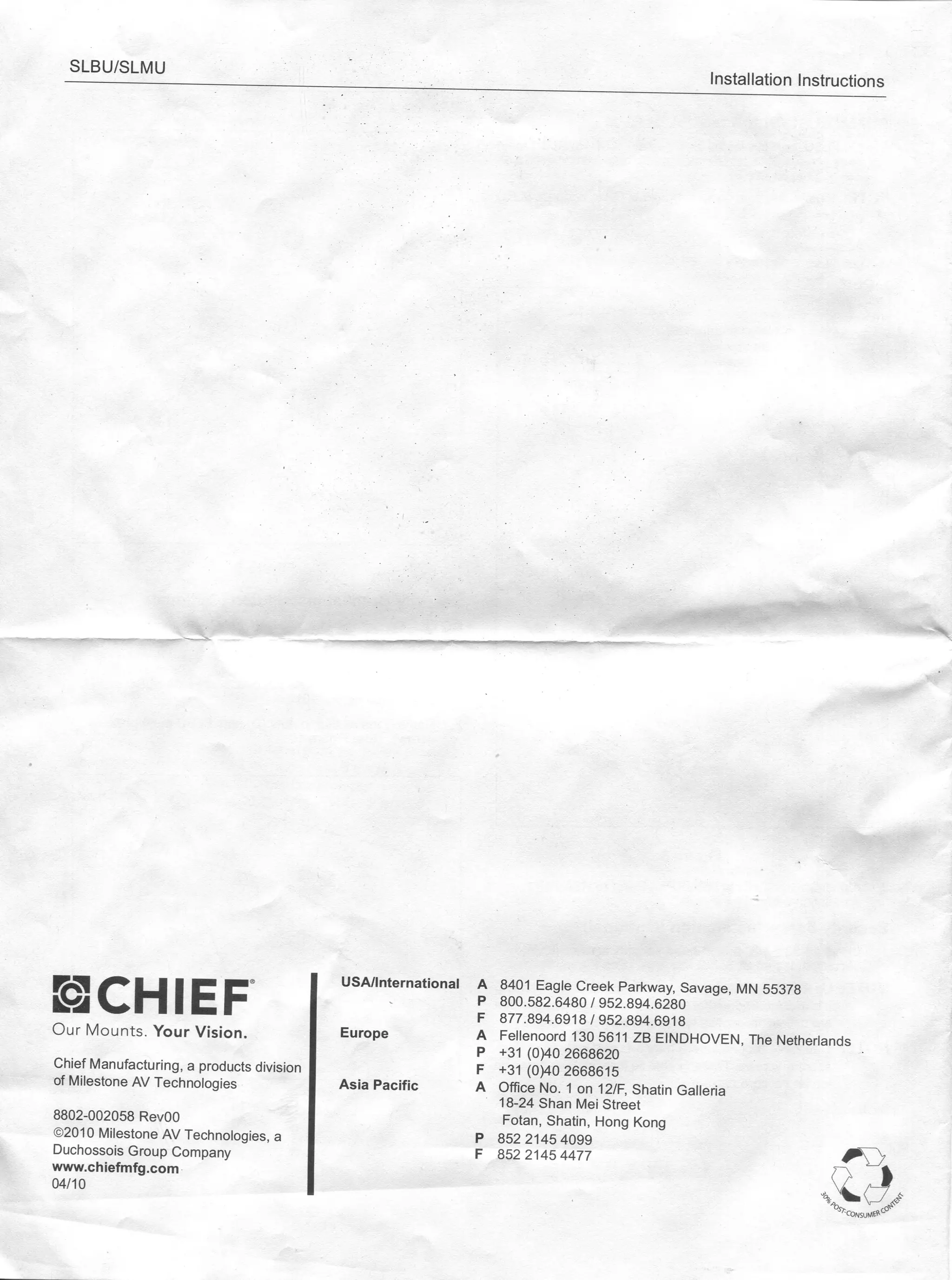 CHIEF - Universal Interface Brackets - Installation Instructions - SLBU ...