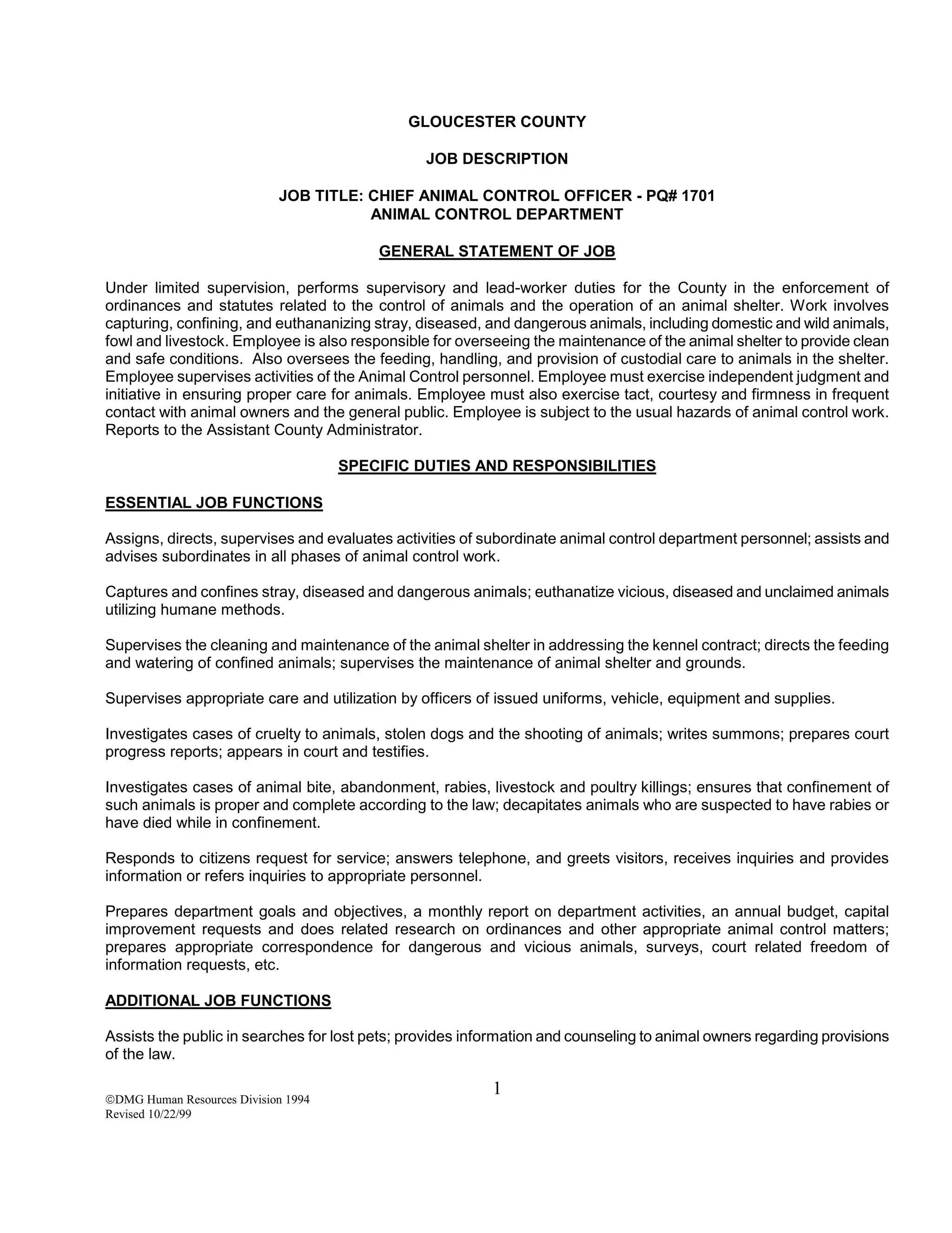 Chief Animal Control Officer Job Description | PDF