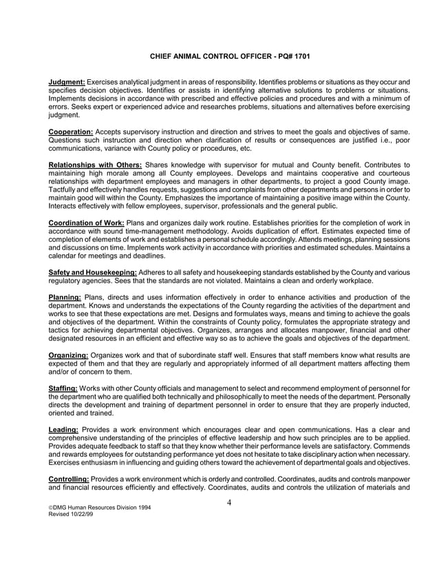 Chief Animal Control Officer Job Description | PDF