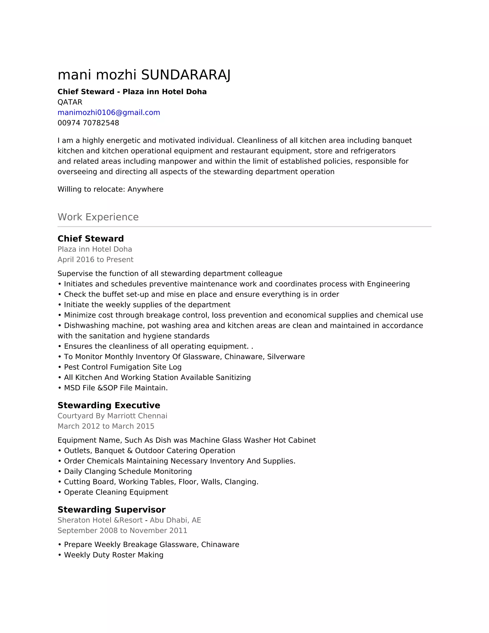 Chief steward cv | PDF