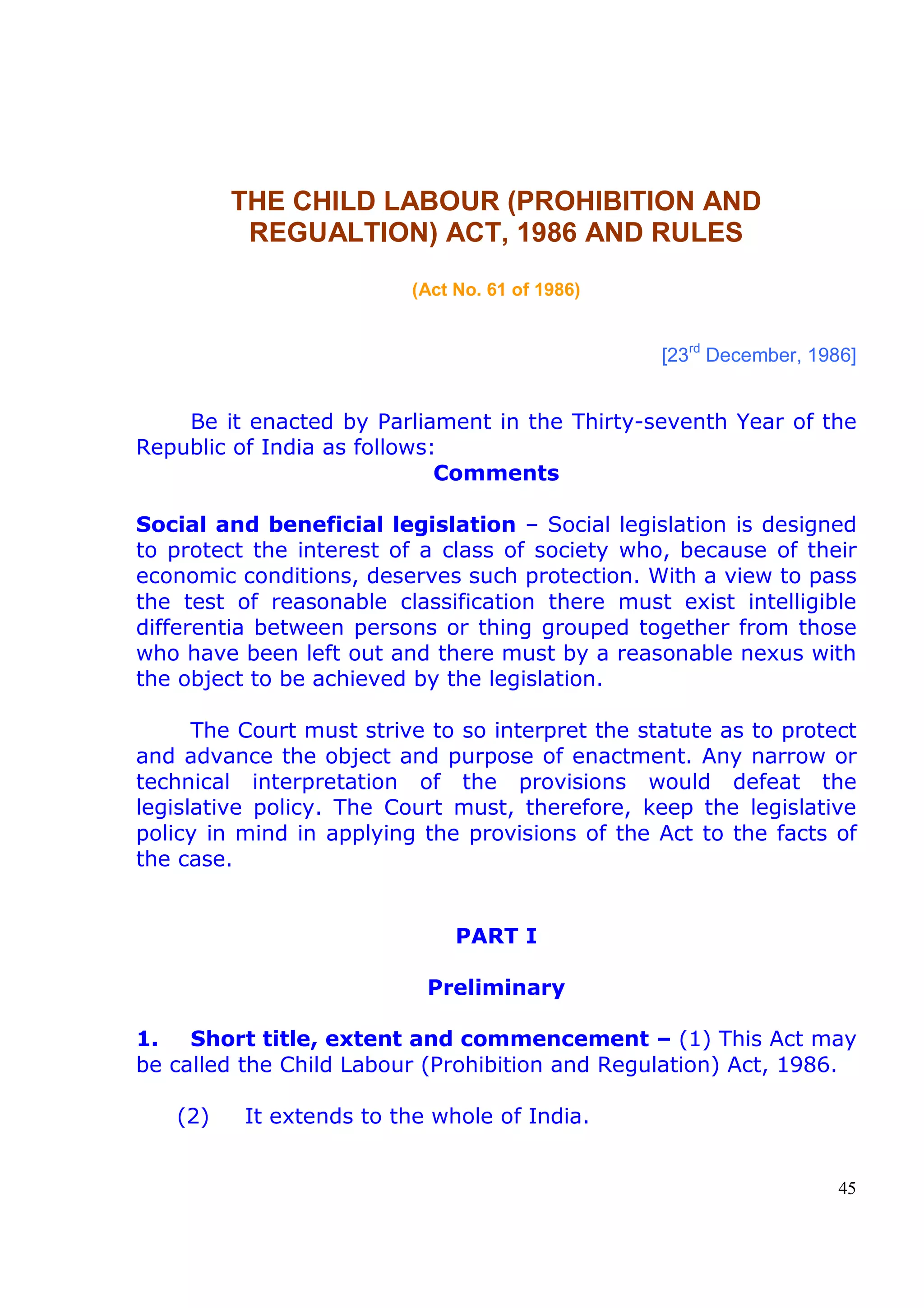 The Child Labour (Prohibition and Regualtion) Act and Rules, 1986 | PDF ...