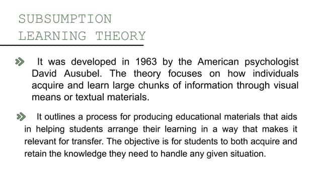 AUSUBEL'S MEANINGFUL VERBAL LEARNING/SUBSUMPTION THEORY | PPTX | Education